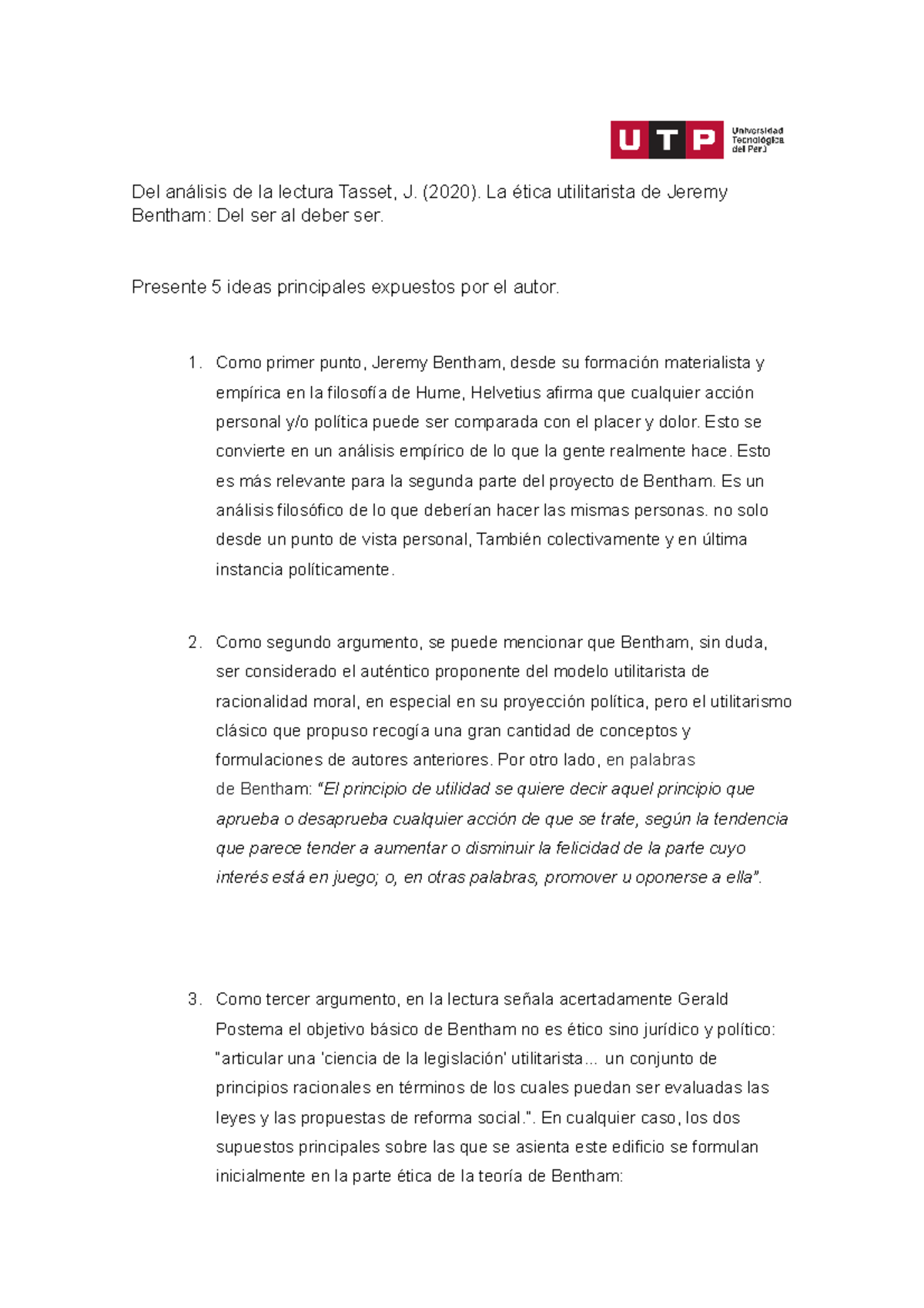 Del análisis de la lectura Tasset - (2020). La ética utilitarista de ...
