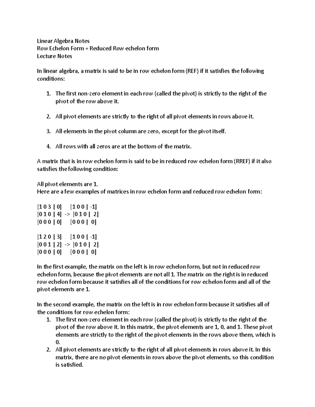 Reduced And Row Echelon Form Notes Linear Algebra Notes Row Echelon Form Reduced Row Echelon