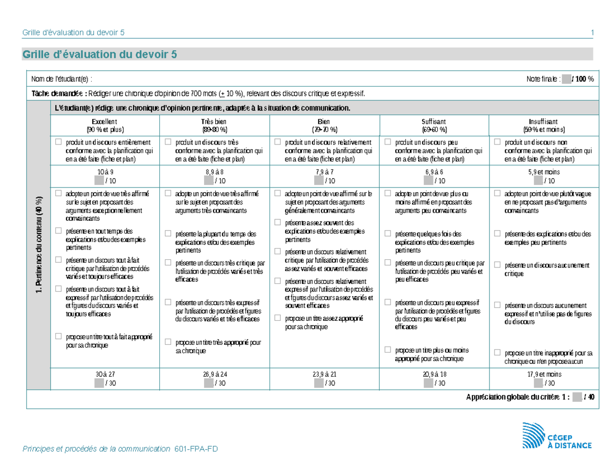 601-FPA-FD dev5 grille - Grille d’évaluation du devoir 5 1 Grille d ...