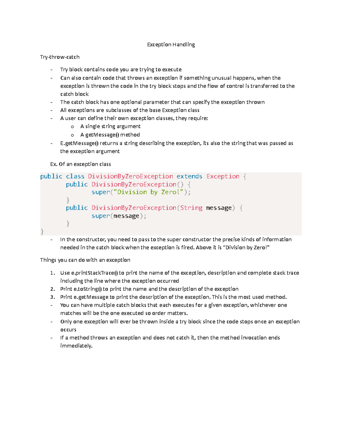 Lesson 09Notes - exam 2 practice - Exception Handling Try-throw-catch ...