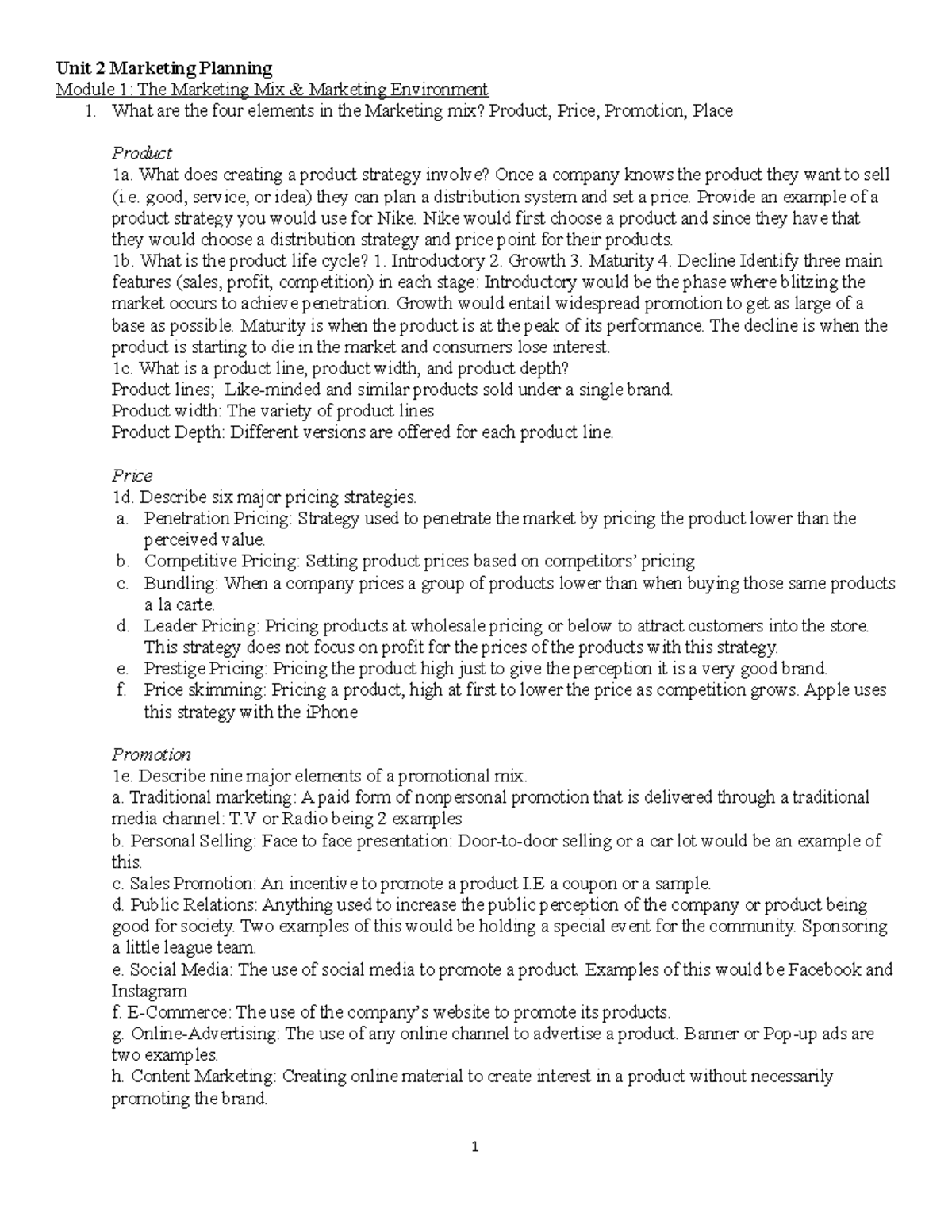 D077 Studey Questions (Short Version) - Unit 2 Marketing Planning ...