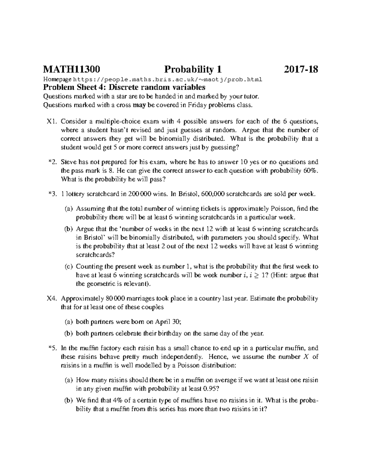 MATH11300 2017-2018 Problem Sheet 4 - Discrete ramdom variables ...