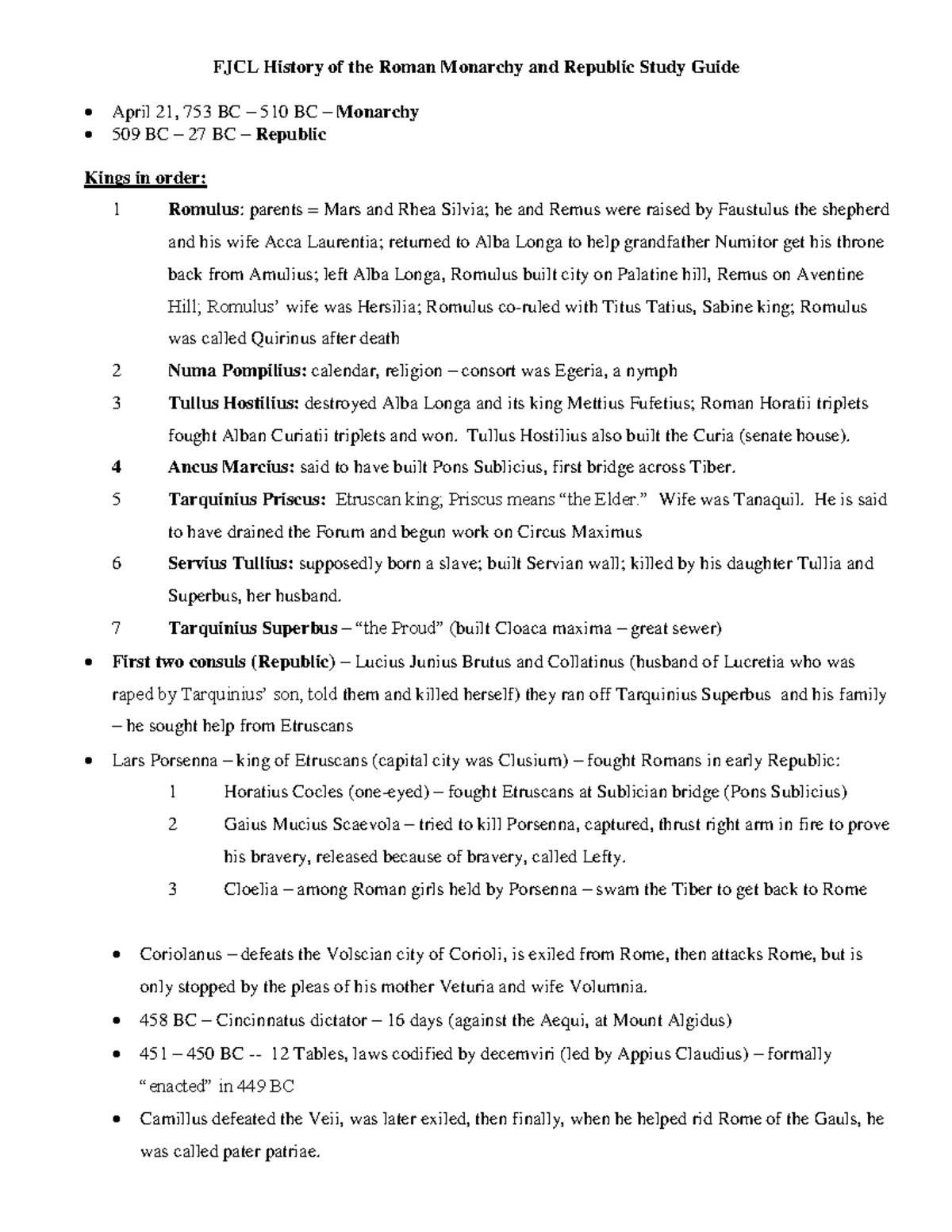 Republic study guide - misc - FJCL History of the Roman Monarchy and ...