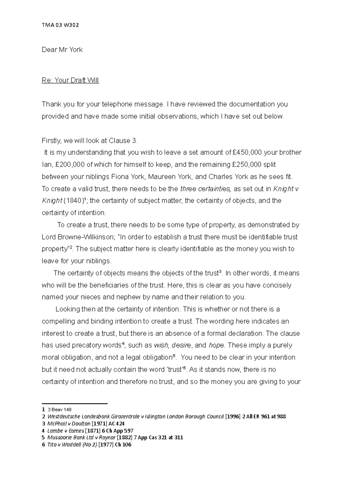 TMA 03 Distinction - Dear Mr York Re: Your Draft Will Thank you for ...