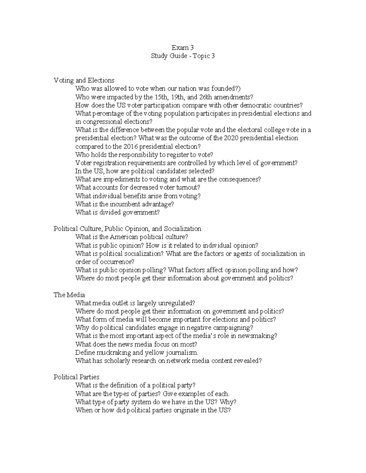 Exam 3 Study Guide-1 - Exam 3 Study Guide - Topic 3 Voting and ...