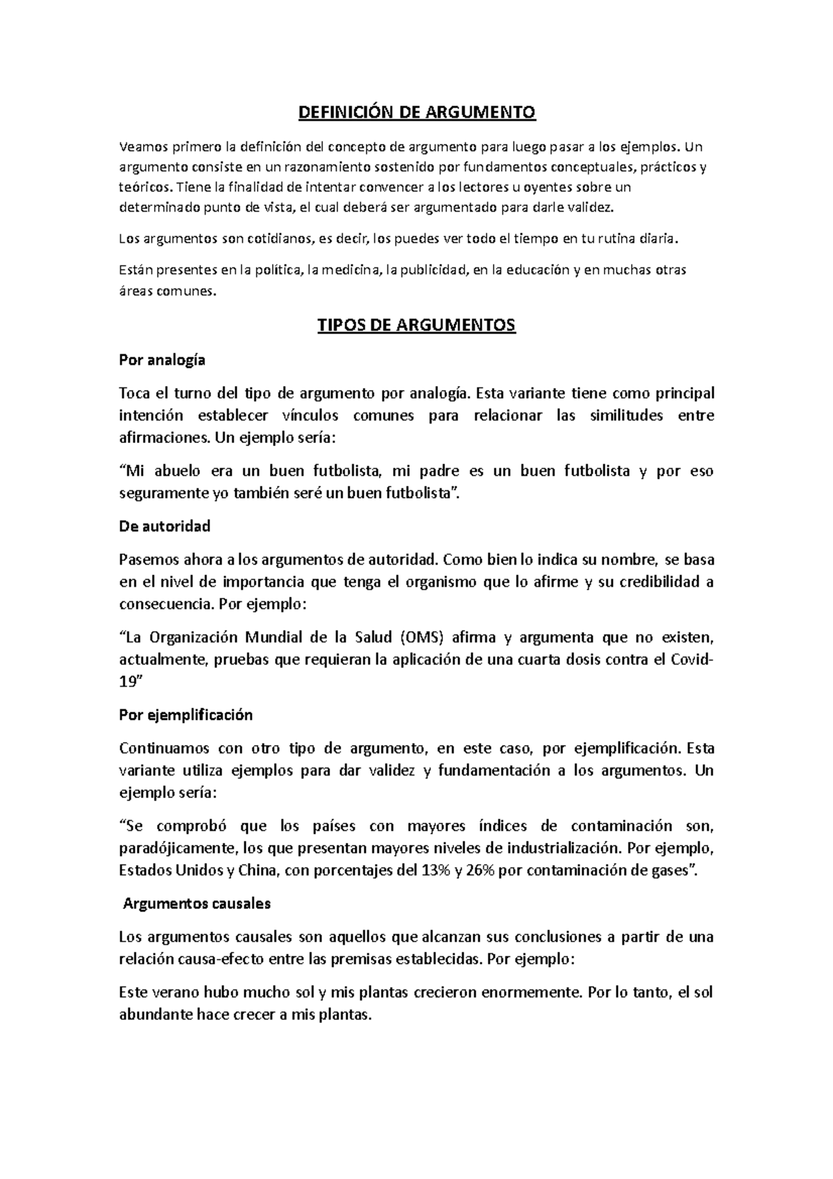 Tipos DE Argumentos - DEFINICIÓN DE ARGUMENTO Veamos primero la ...