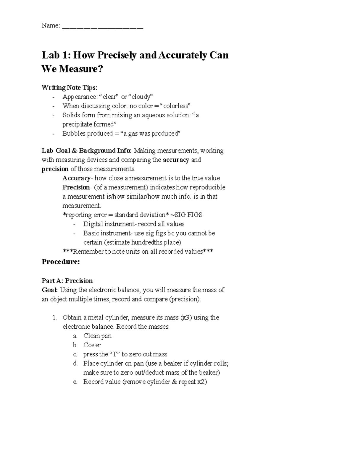 Chem Lab #1 Procedure - Name: _______________________ Lab 1: How Precisely and Accurately Can We ...