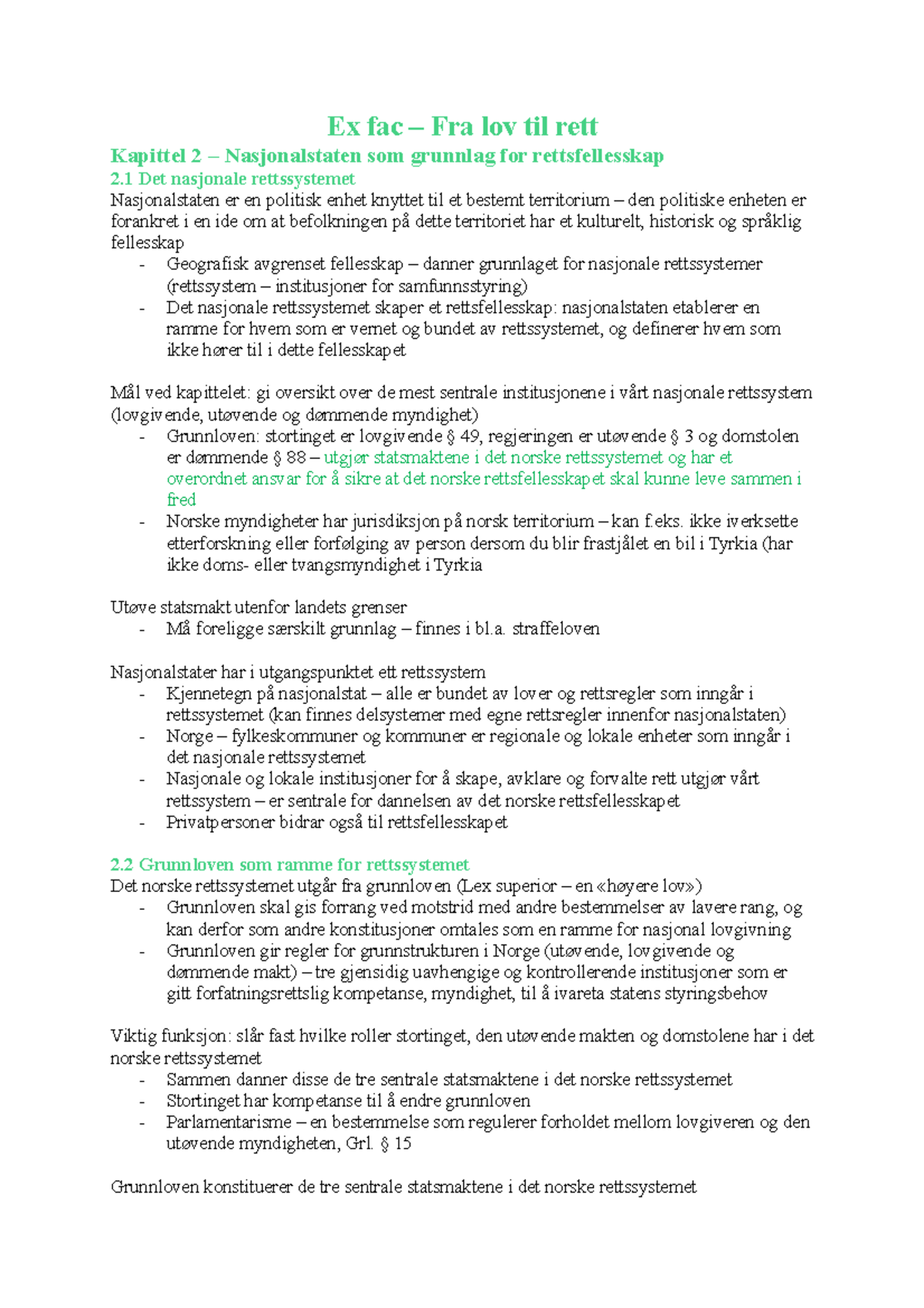 Ex fac - pensum - Ex fac – Fra lov til rett Kapittel 2 – Nasjonalstaten som grunnlag for - Studocu