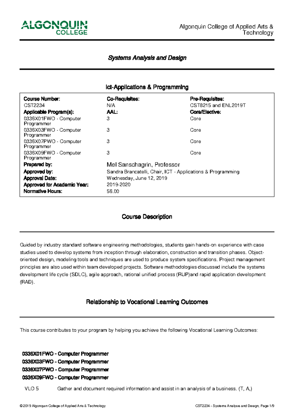 Course Curriculum Document CST 2234 - Algonquin College of Applied Arts ...