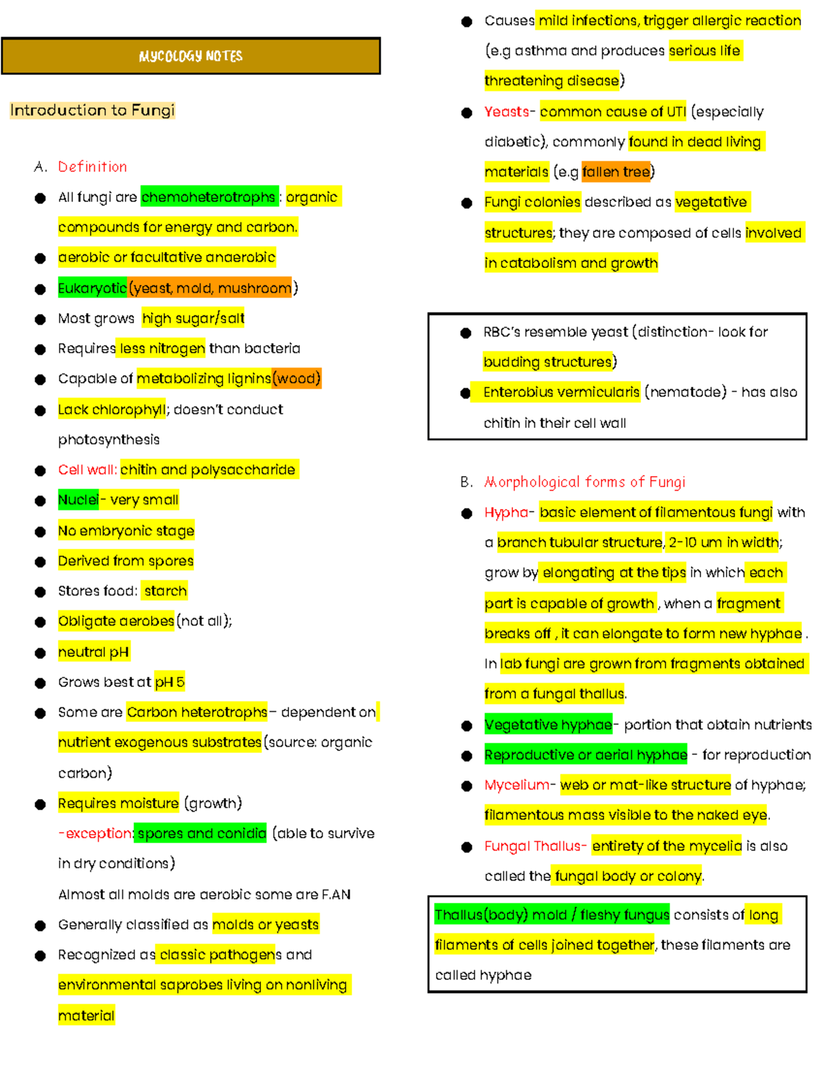 Myco - Premid - MYCOLOGY NOTES Introduction to Fungi A. Definition All ...