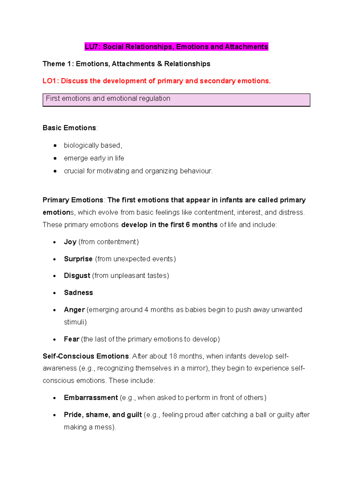 Dev Psych 2nd years LU7 - LU7: Social Relationships, Emotions and Attachments Theme 1: Emotions ...