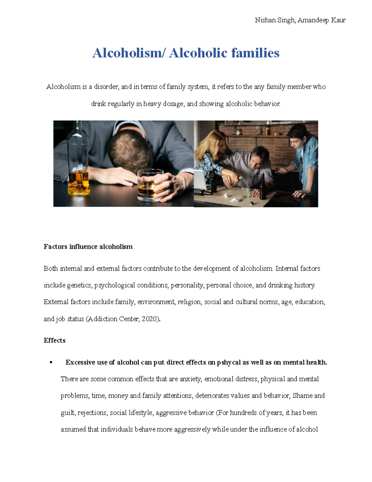 Handout building R - Alcoholism/ Alcoholic families Alcoholism is a ...