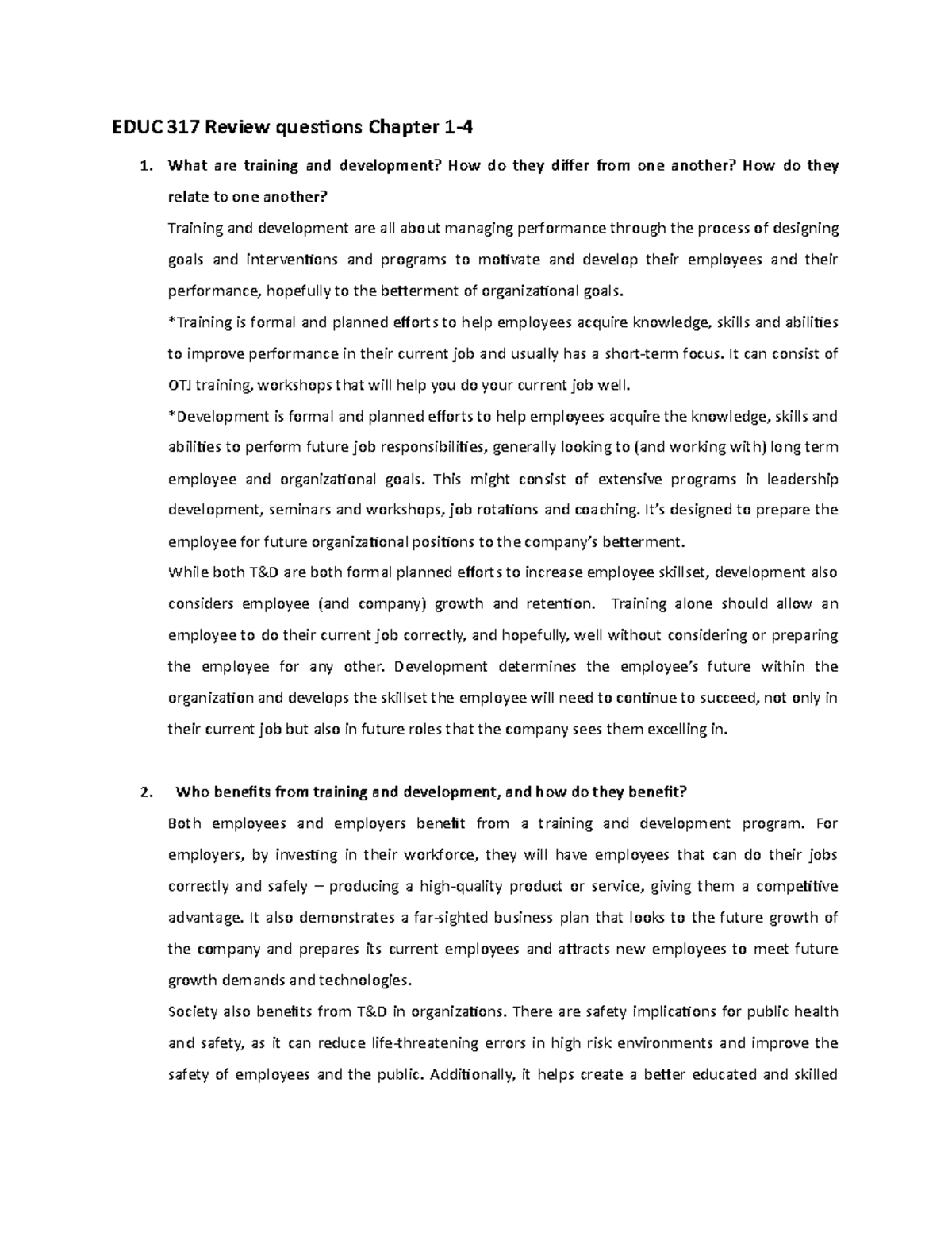 EDUC 317 Review questions chapter 1 4 - EDUC 317 Review questions Chapter 1- What are training ...