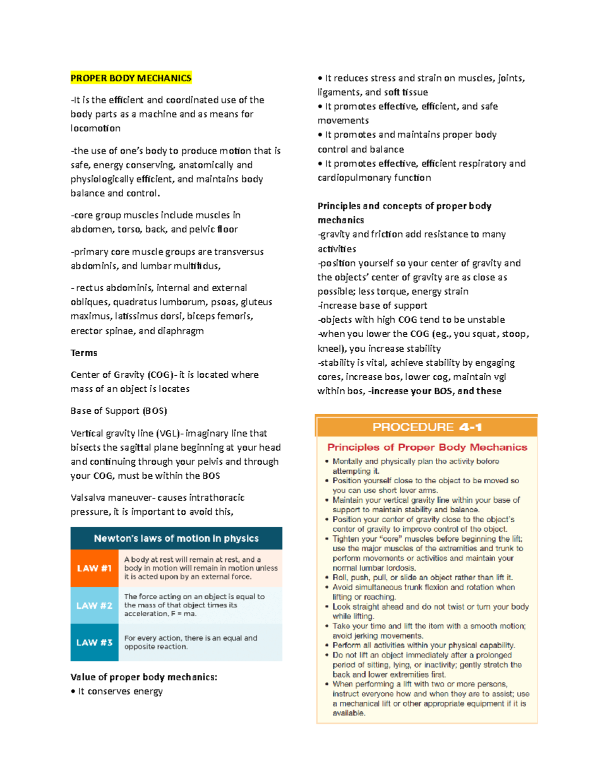 Finals Notes - PROPER BODY MECHANICS -It is the efficient and ...