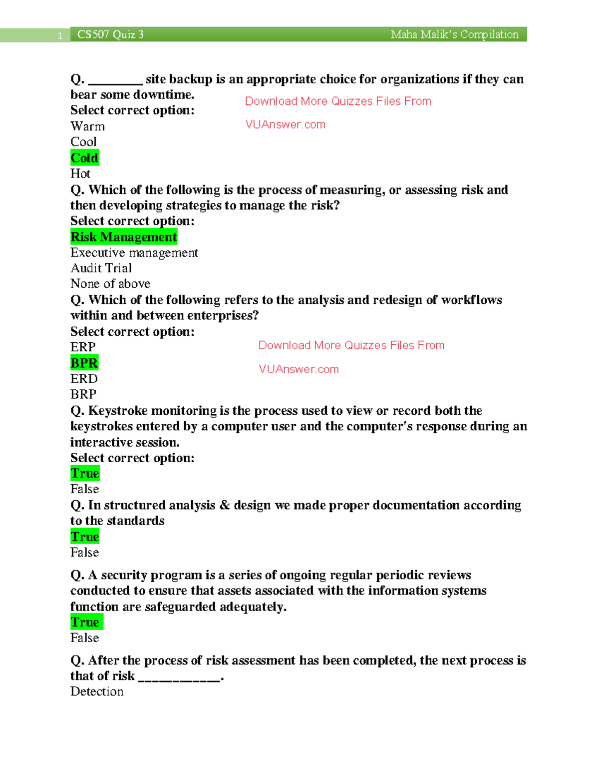 CS507 Quiz 3-vuanswer - 1 CS507 Quiz 3 Maha Malik’s Compilation Q. ________ site backup is an ...