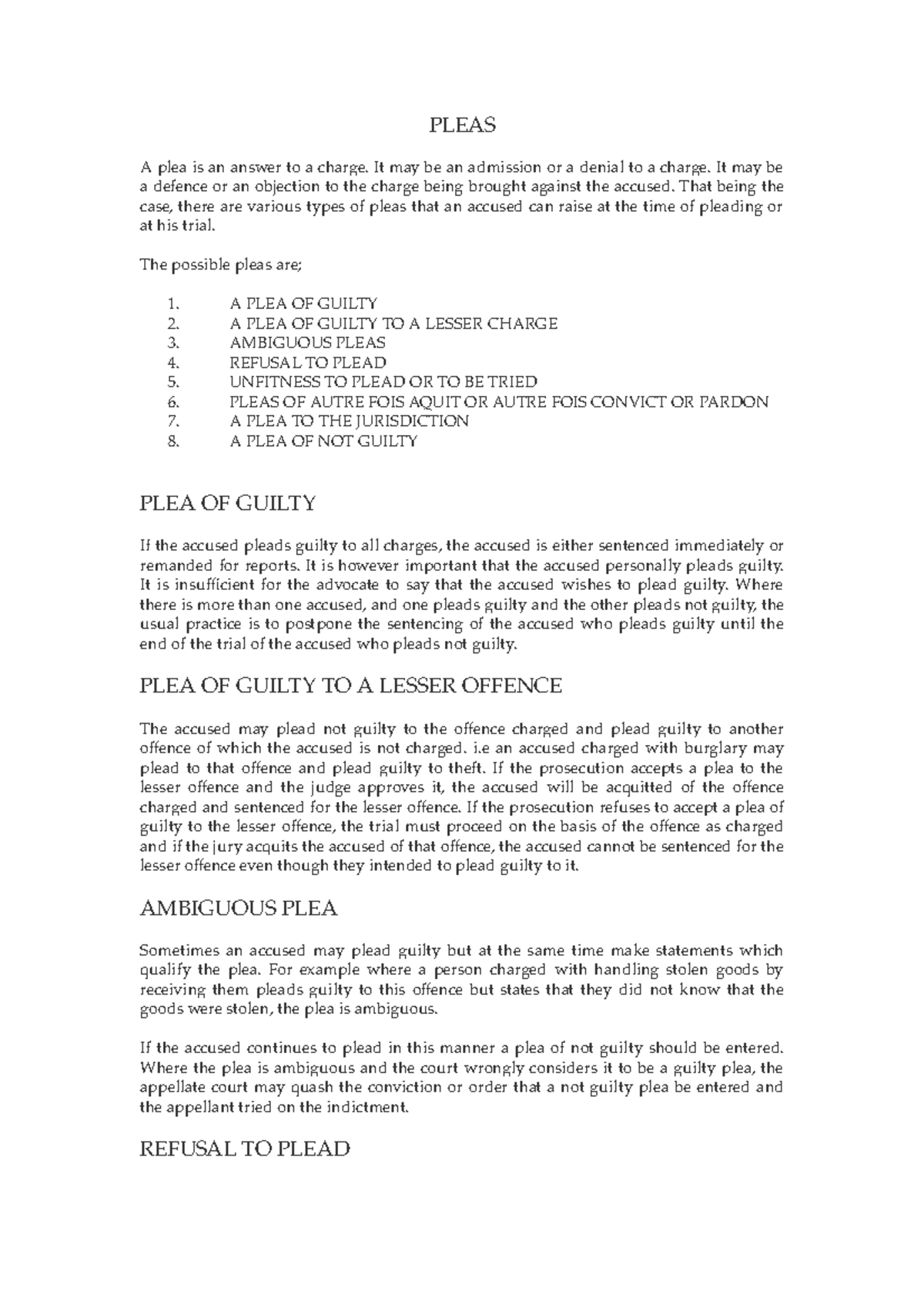 Pleas IN Uganda - PLEAS A plea is an answer to a charge. It may be an ...