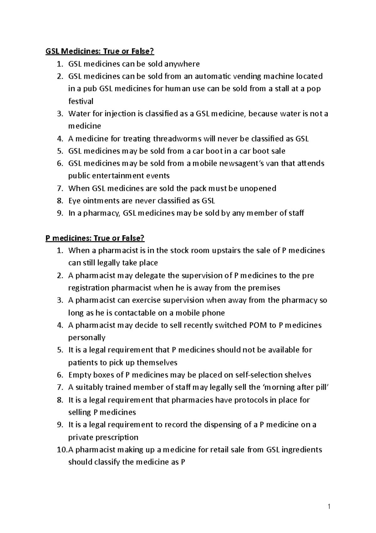 Pharm LAW True or False - GSL Medicines: True or False? 1. GSL ...
