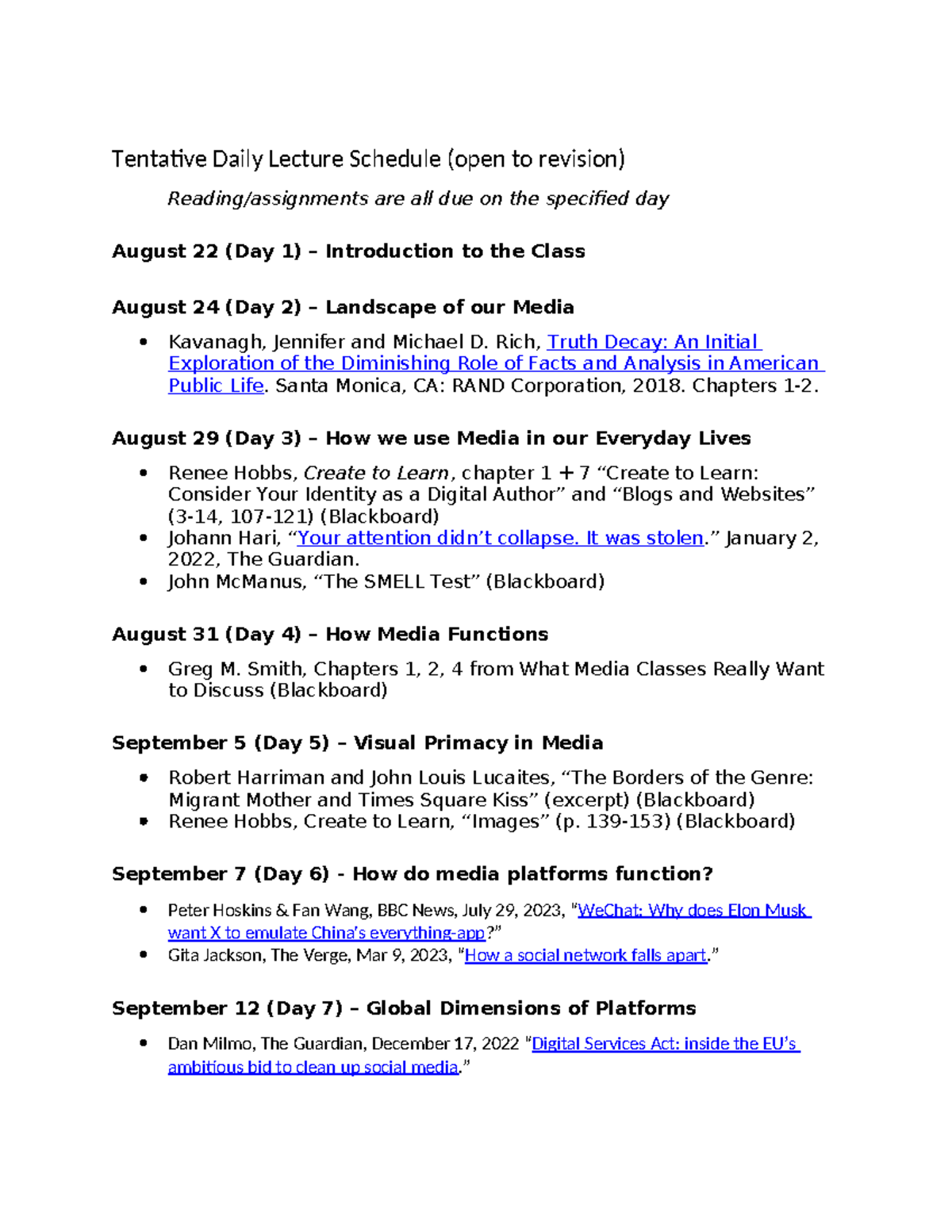 ASCJ 200 Fall 23 - Reading List - Tentative Daily Lecture Schedule ...