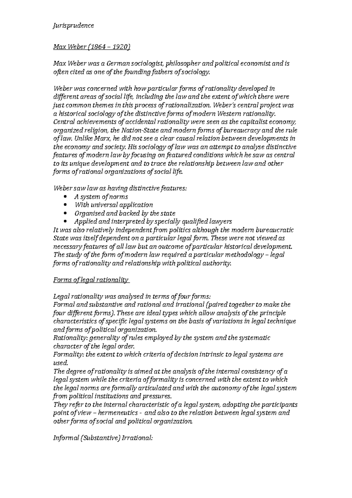 Max-Weber - Lecture notes 9 - Max Weber (1864 – 1920) Max Weber was a ...