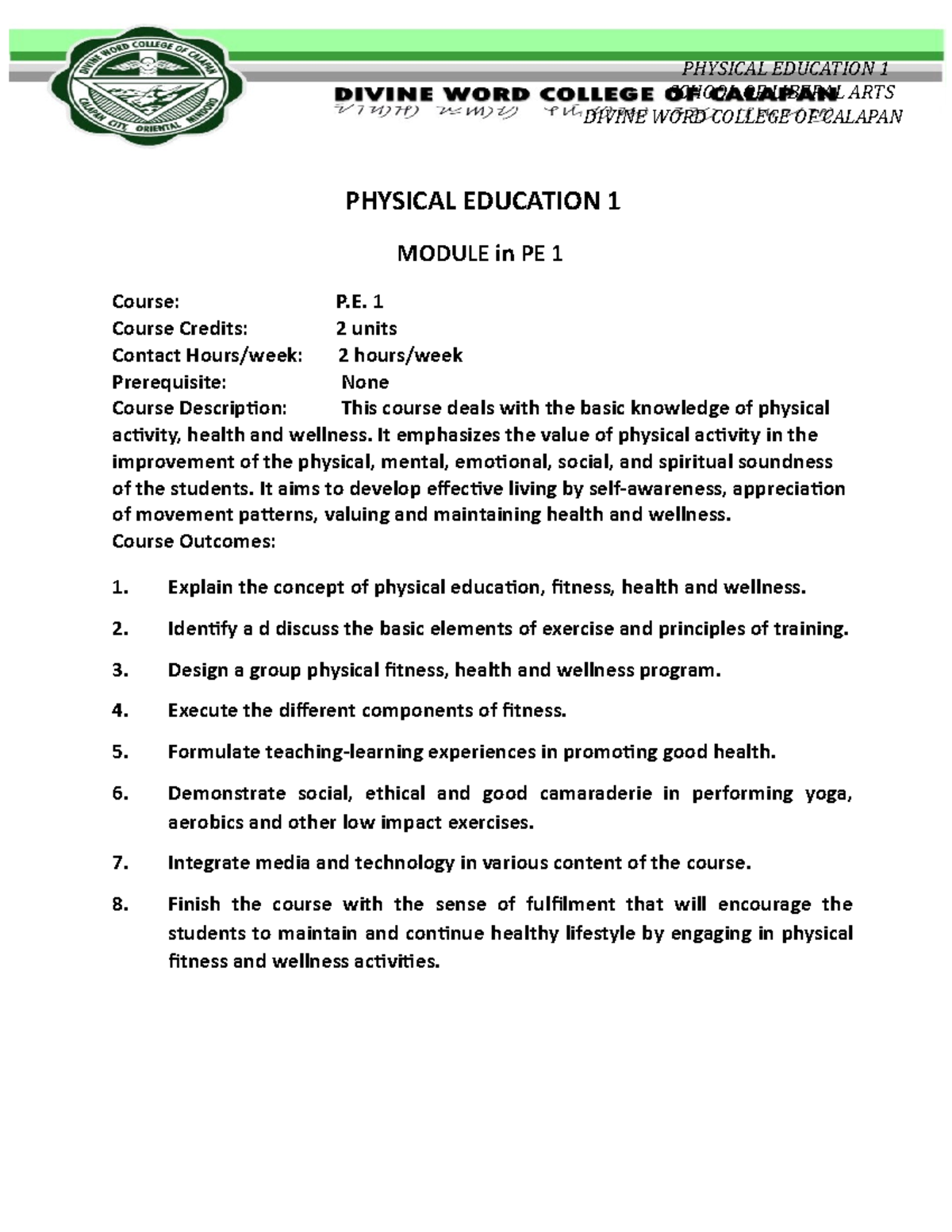 Physical- Education- Modules-1 (1) - SCHOOL OF LIBERAL ARTS DIVINE WORD ...