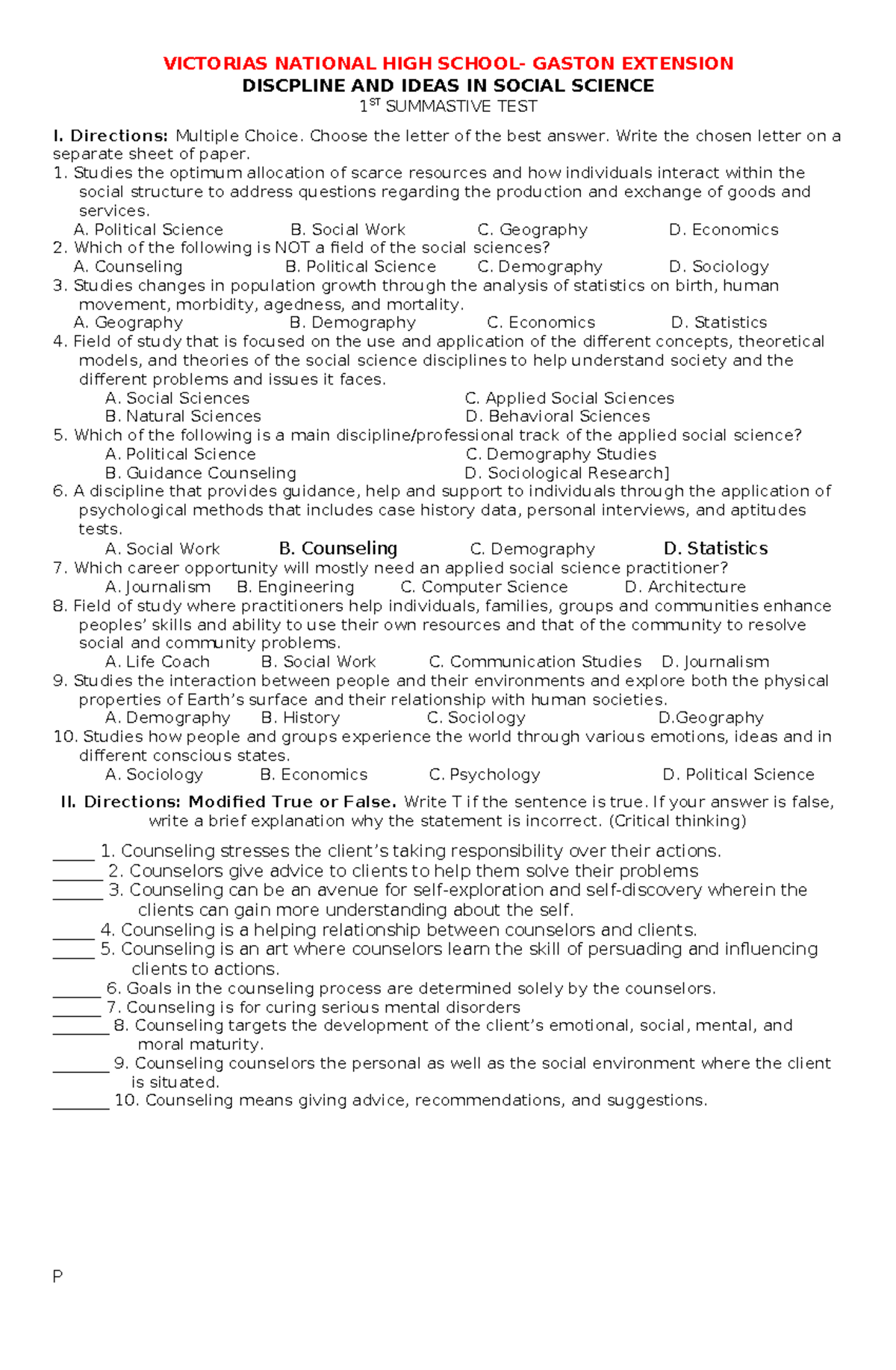 Discpline AND Ideas IN Social Science 1st summative - VICTORIAS ...