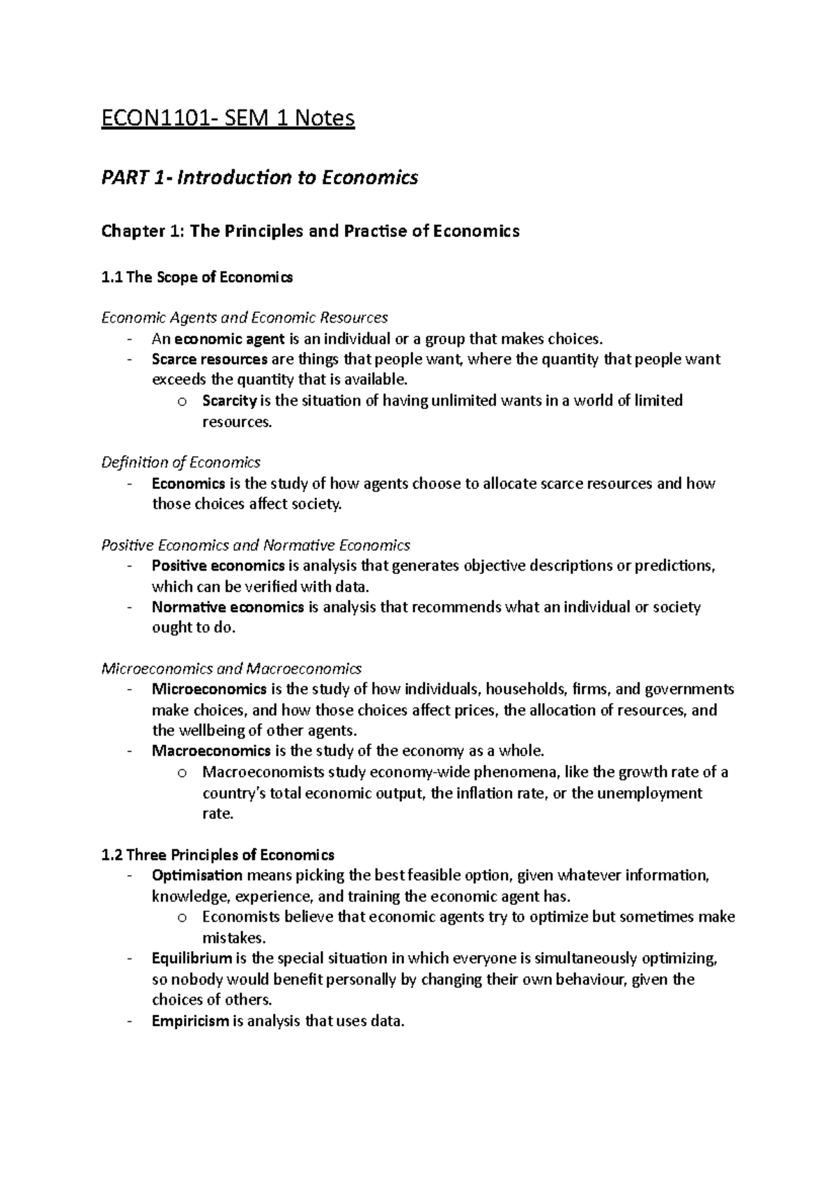 ECON1101- SEM 1 Notes - ECON1101- SEM 1 Notes PART 1- Introduction to ...