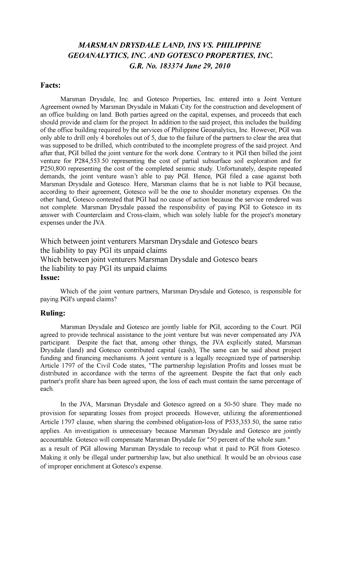 CASE- Digest - cases - MARSMAN DRYSDALE LAND, INS VS. PHILIPPINE ...