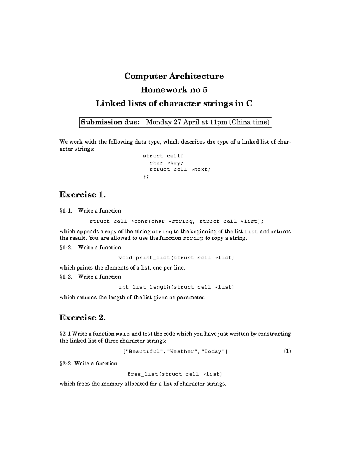 HW5 linked lists of character strings - Computer Architecture Homework no 5 Linked lists of ...