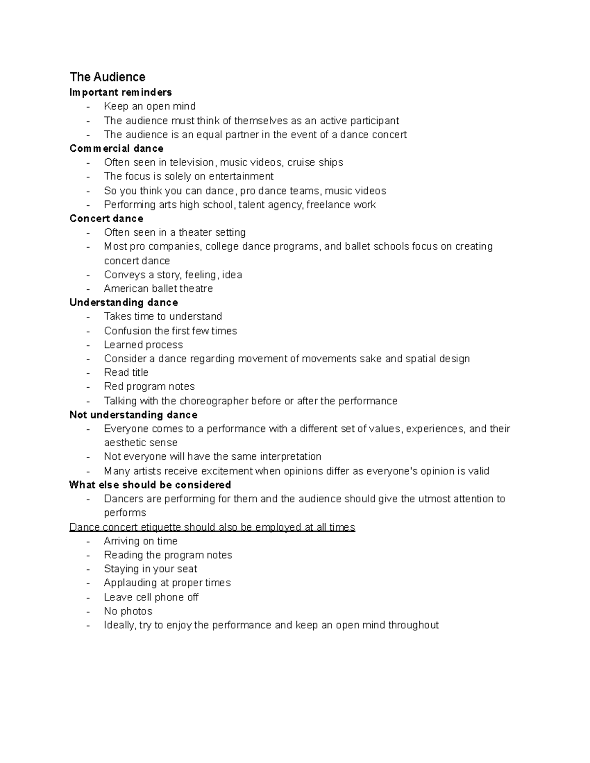Chapter 3 dance notes - The Audience Important reminders - Keep an open ...