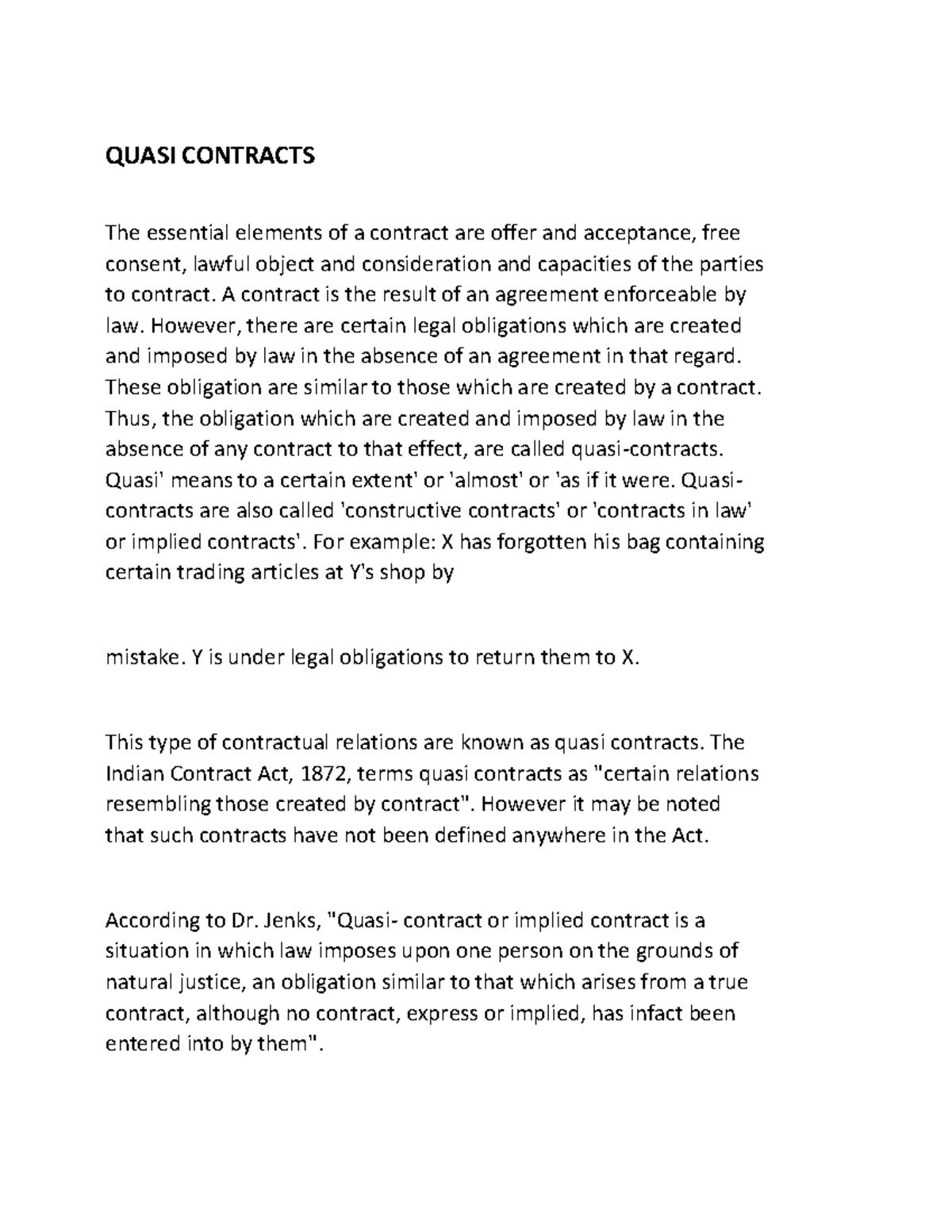 Quasi Contracts - Useful - QUASI CONTRACTS The essential elements of a ...