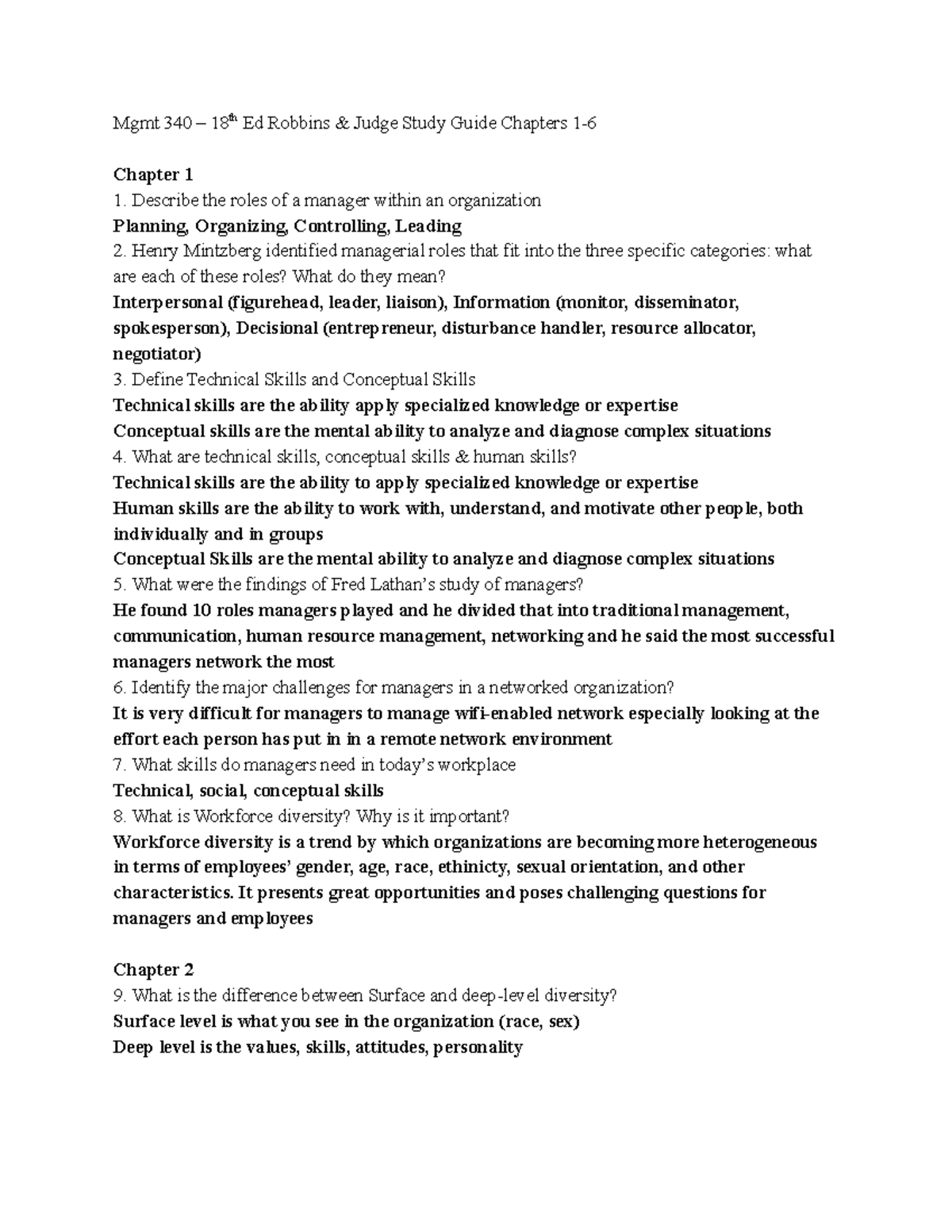 340 Midterm 1 Study Guide - Mgmt 340 – 18thEd Robbins & Judge Study Guide Chapters 1- Chapter 1 ...