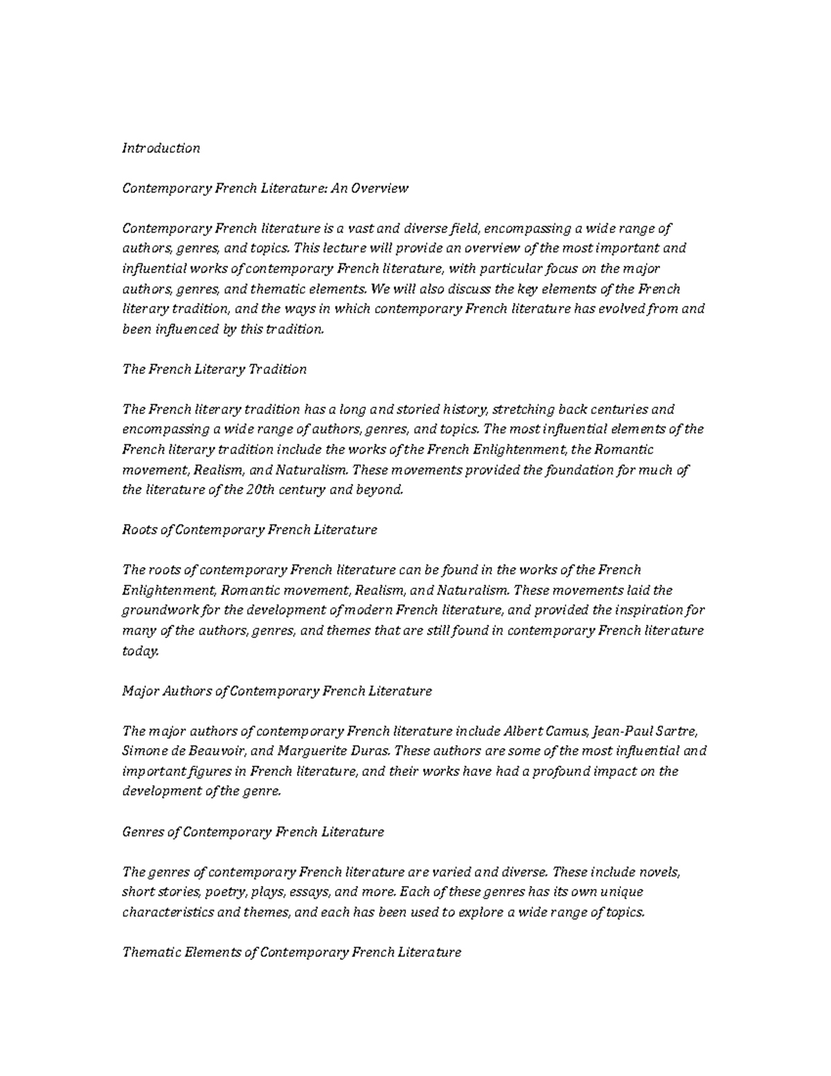 Contemporary literature Study Notes - Introduction Contemporary French ...