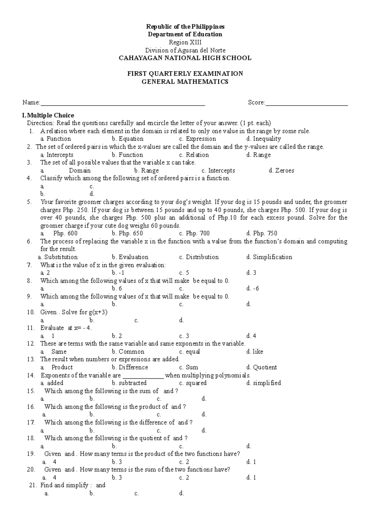 First Quarterly Examination in General Mathematics - Republic of the ...