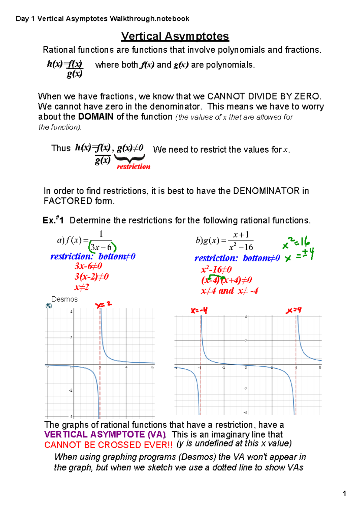 Lesson 1 - VAs Vertical Asymptotes - Vertical Asymptotes Rational ...