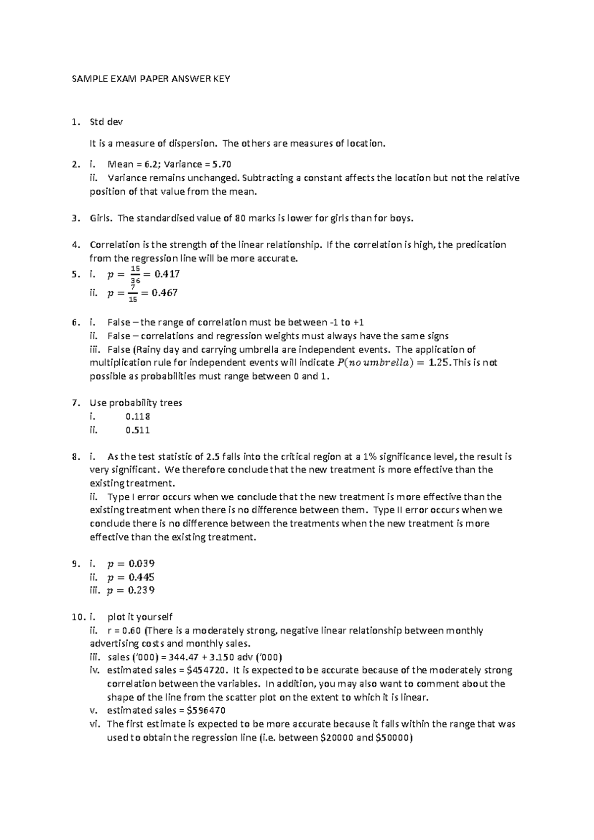 Sample examination paper 1 (answer key) - SAMPLE EXAM PAPER ANSWER KEY ...