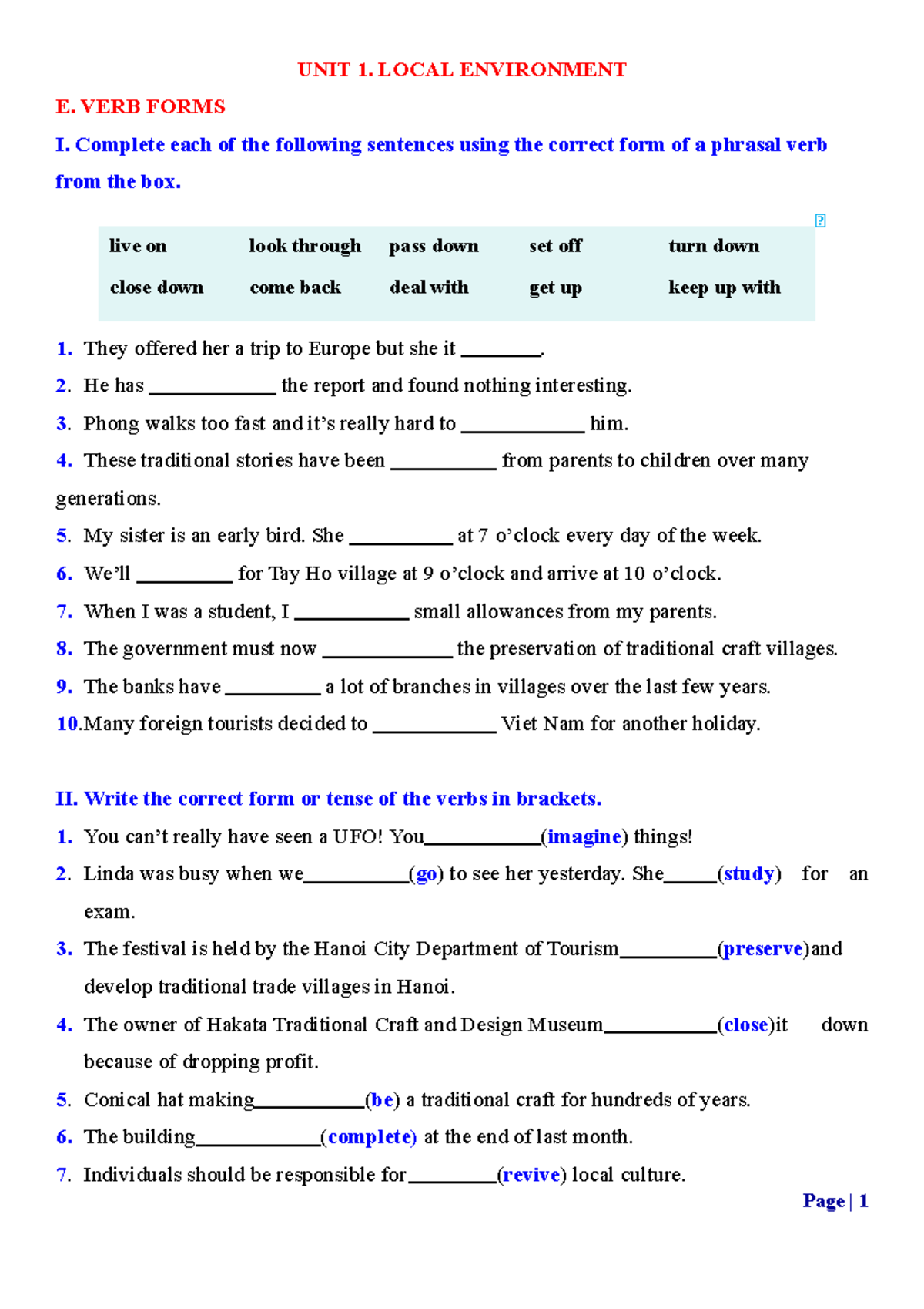 5. VERB Forms E9 (UNIT 1-6) - UNIT 1. LOCAL ENVIRONMENT E. VERB FORMS I ...