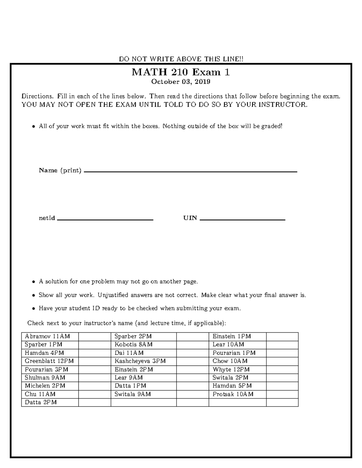 Math210 First Fall2019 Do Not Write Above This Line Math 210 Exam 1 October 03 2019
