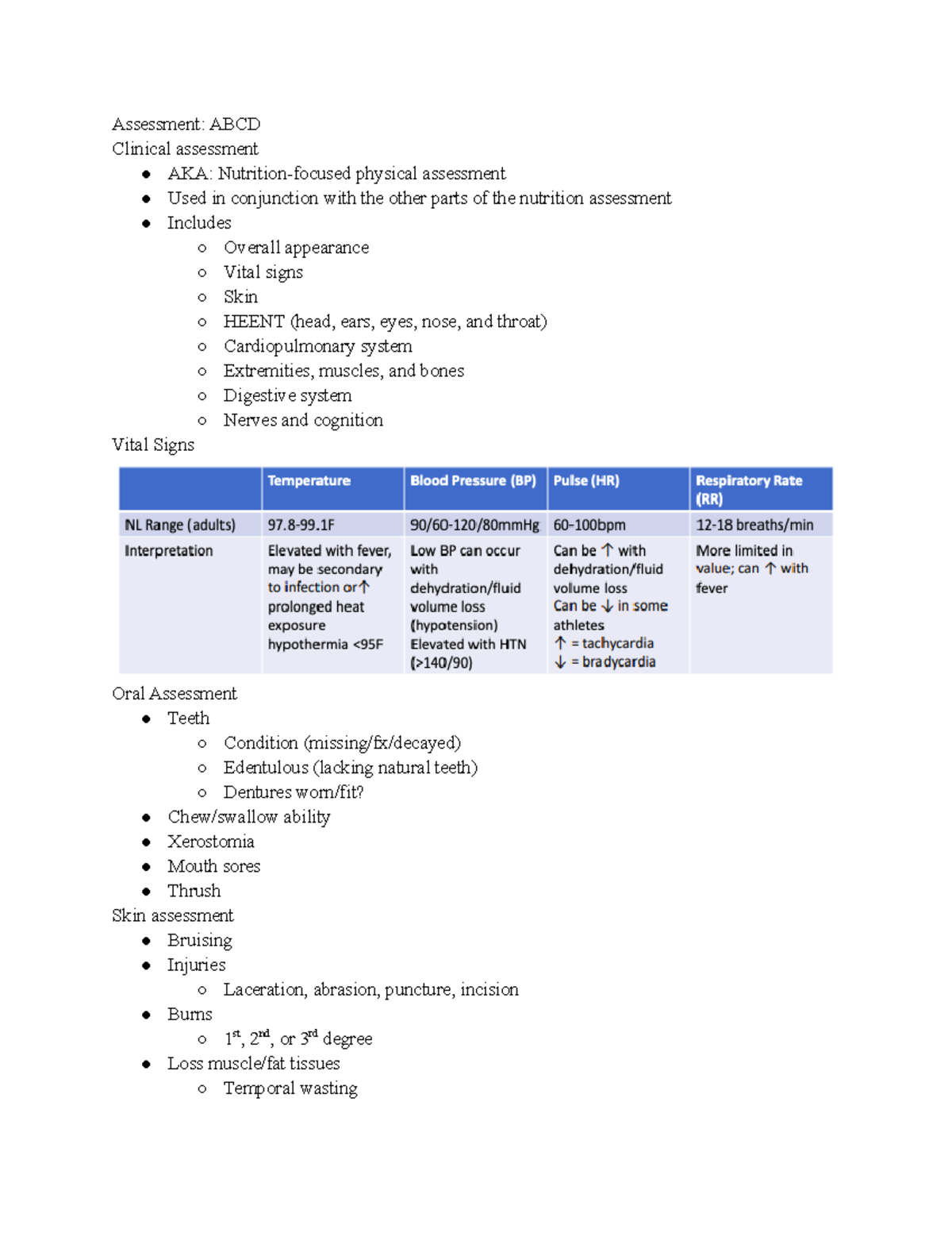 Lecture Notes 8/31 - Assessment: ABCD Clinical assessment AKA ...