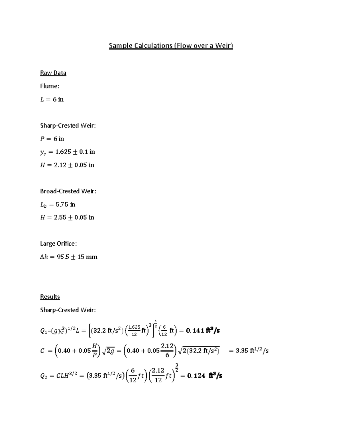 Lab No 2 Sample Calculations Flow Through a Weir - Sample Calculations ...