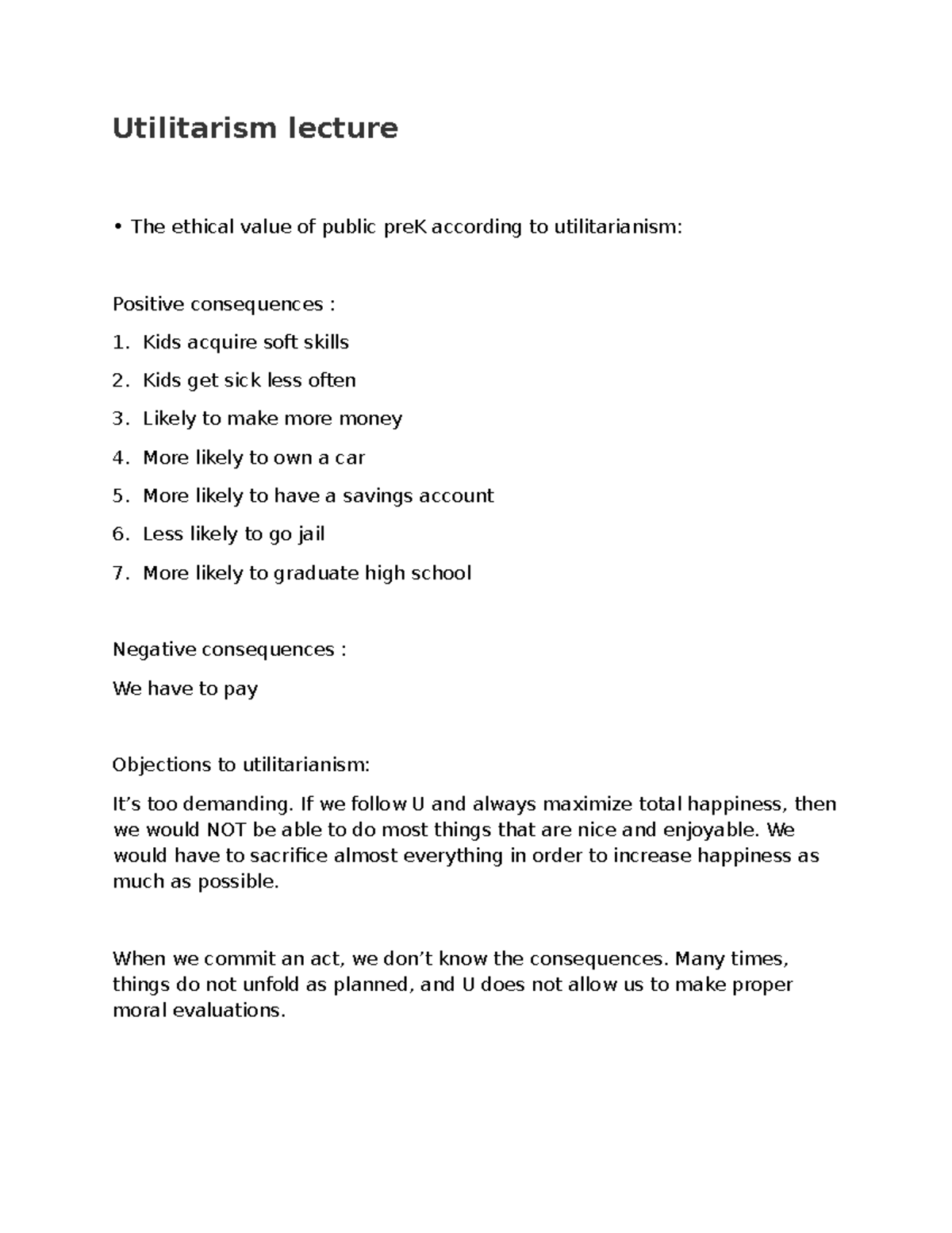 U Lecture Notes - Utilitarianism - Utilitarism lecture The ethical ...