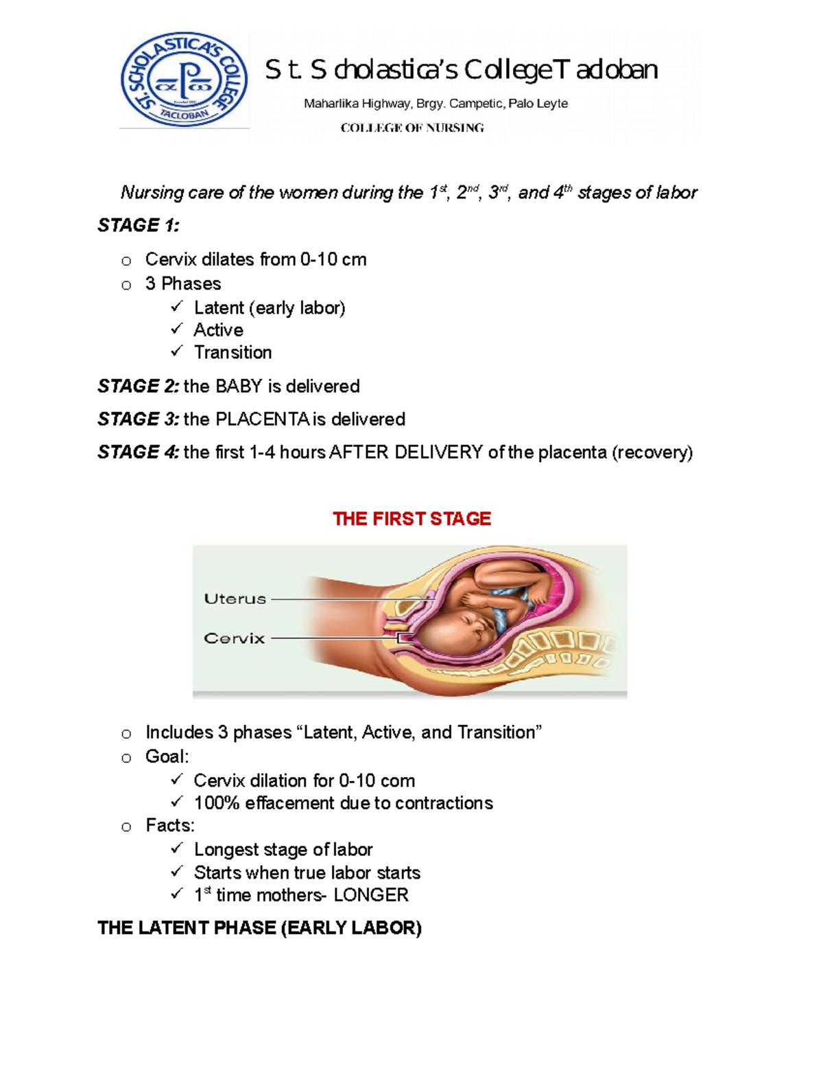 Labor- Stages - assignment - Nursing care of the women during the 1st ...