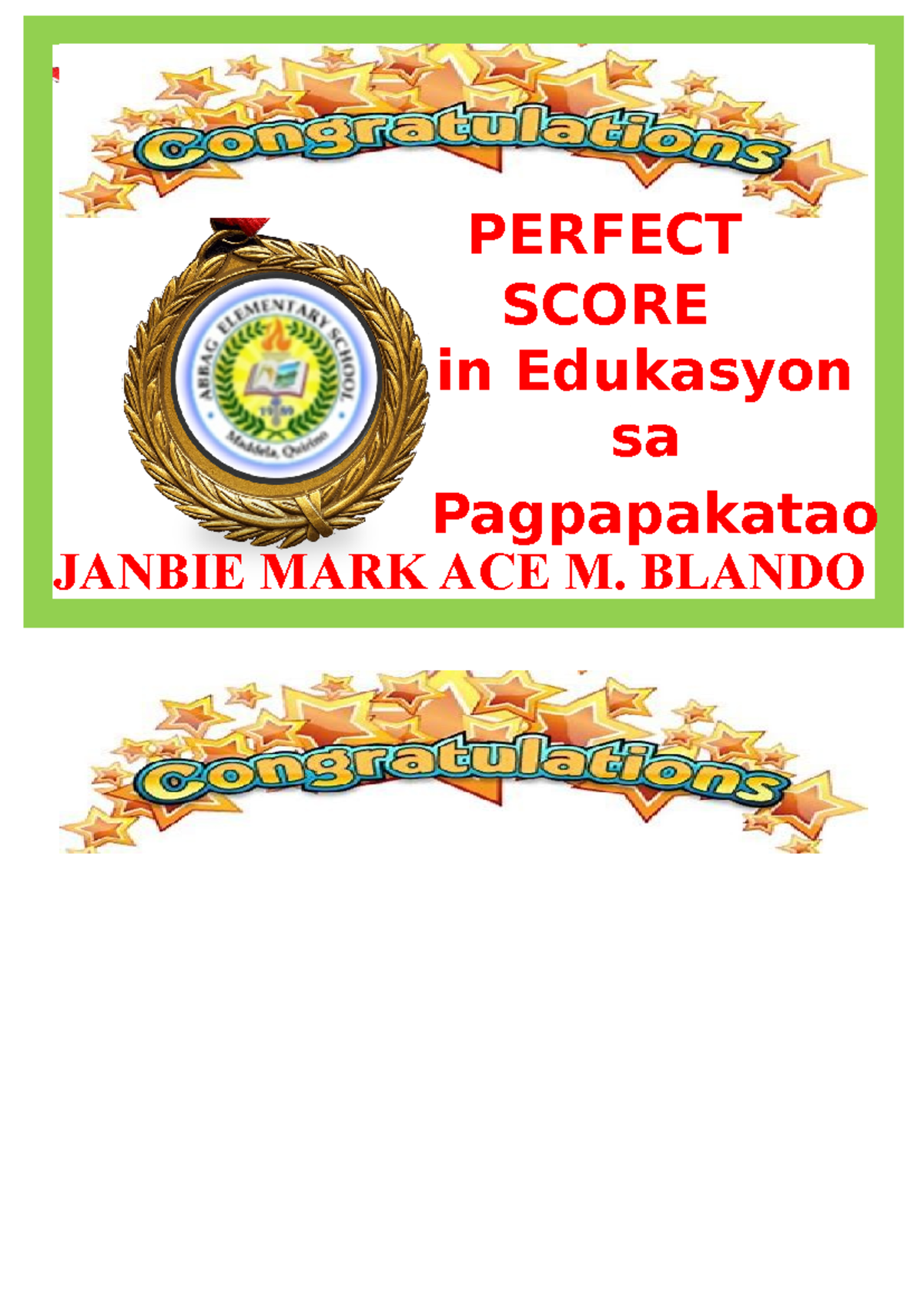 Perfect Score - CERTIFICATE - PERFECT SCORE in Edukasyon sa ...