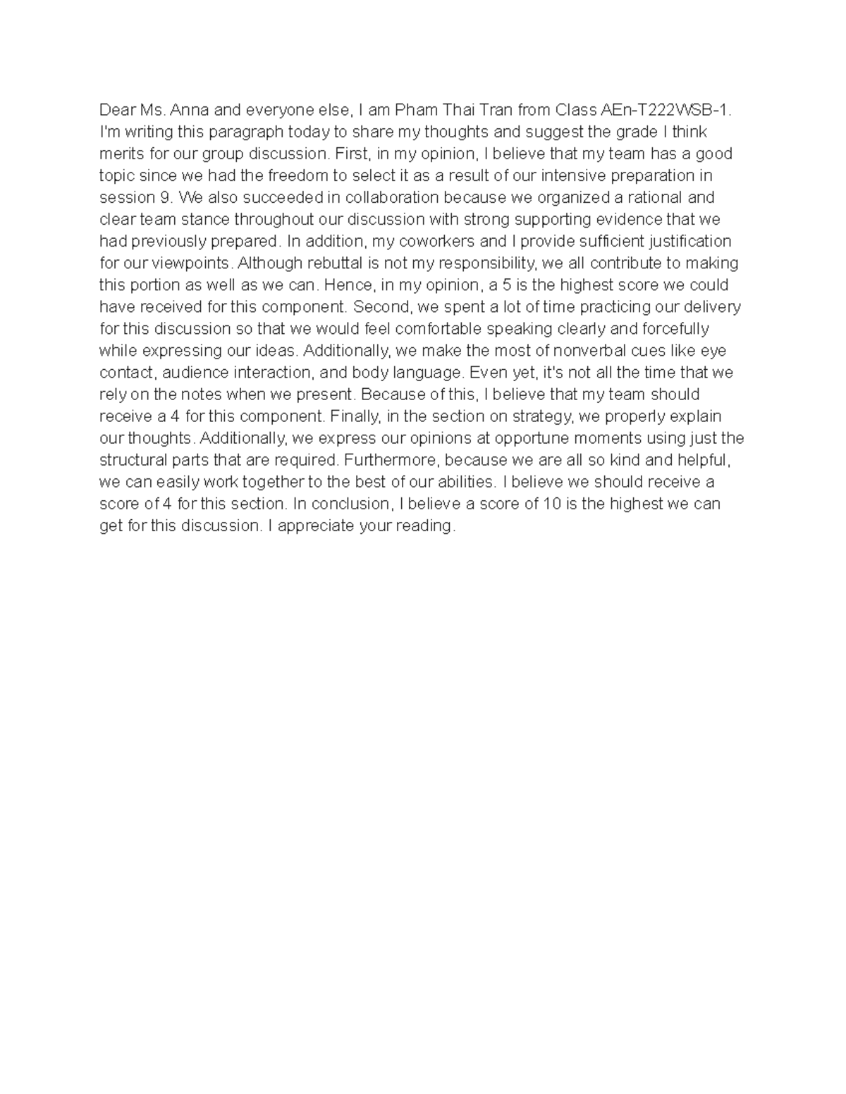 Reflection debate essay Pham Thai Tran AEn-T222WSB-1 - Dear Ms. Anna ...