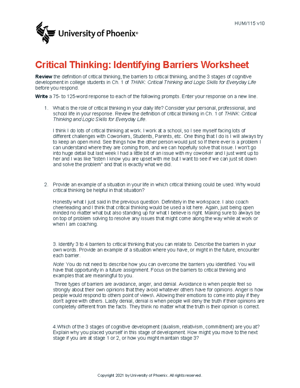 Hum115 v10 wk1 critical thinking identifying barriers worksheet - HUM ...