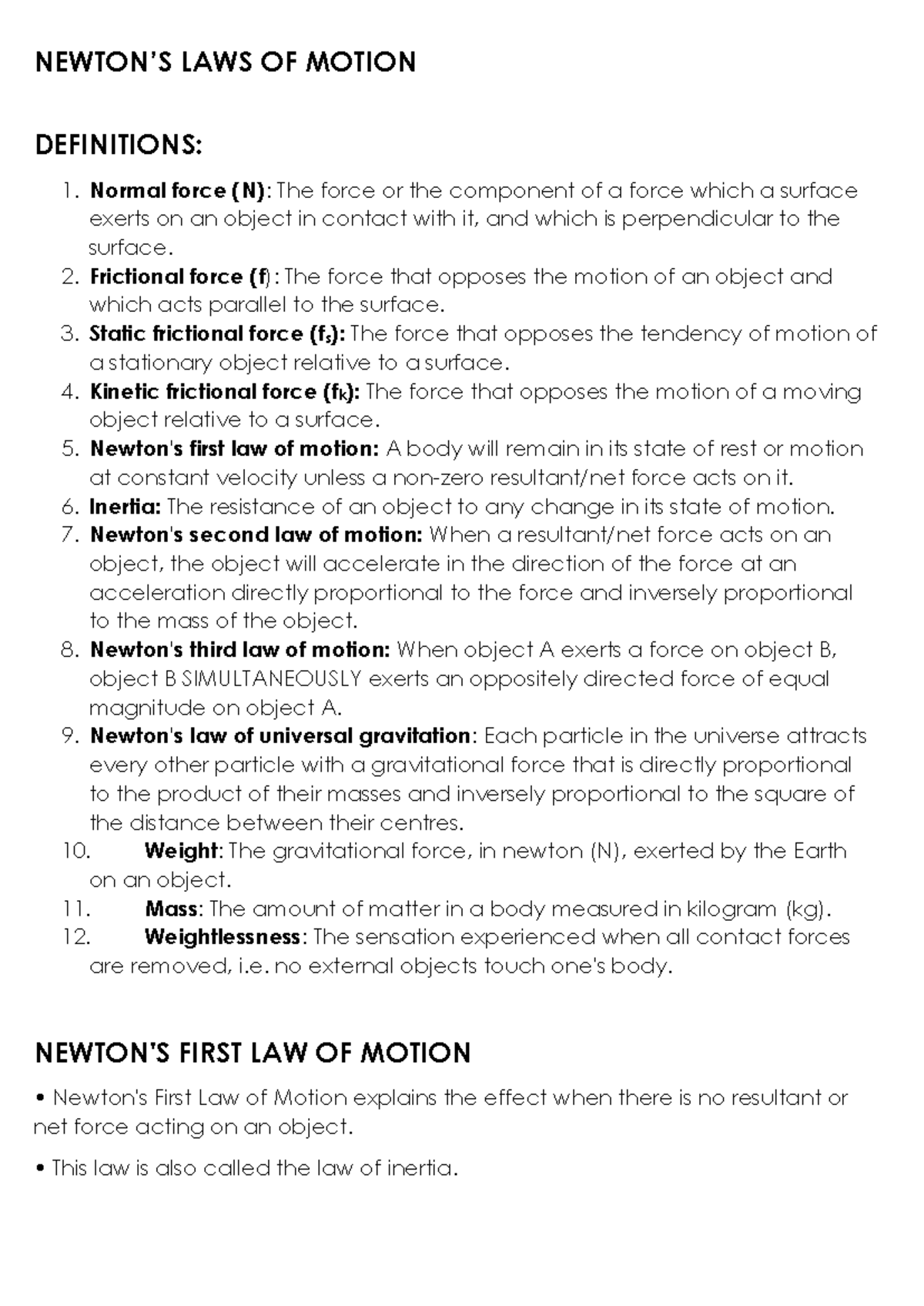 2024 Newtons LAWS OF Motion - NEWTON’S LAWS OF MOTION DEFINITIONS ...
