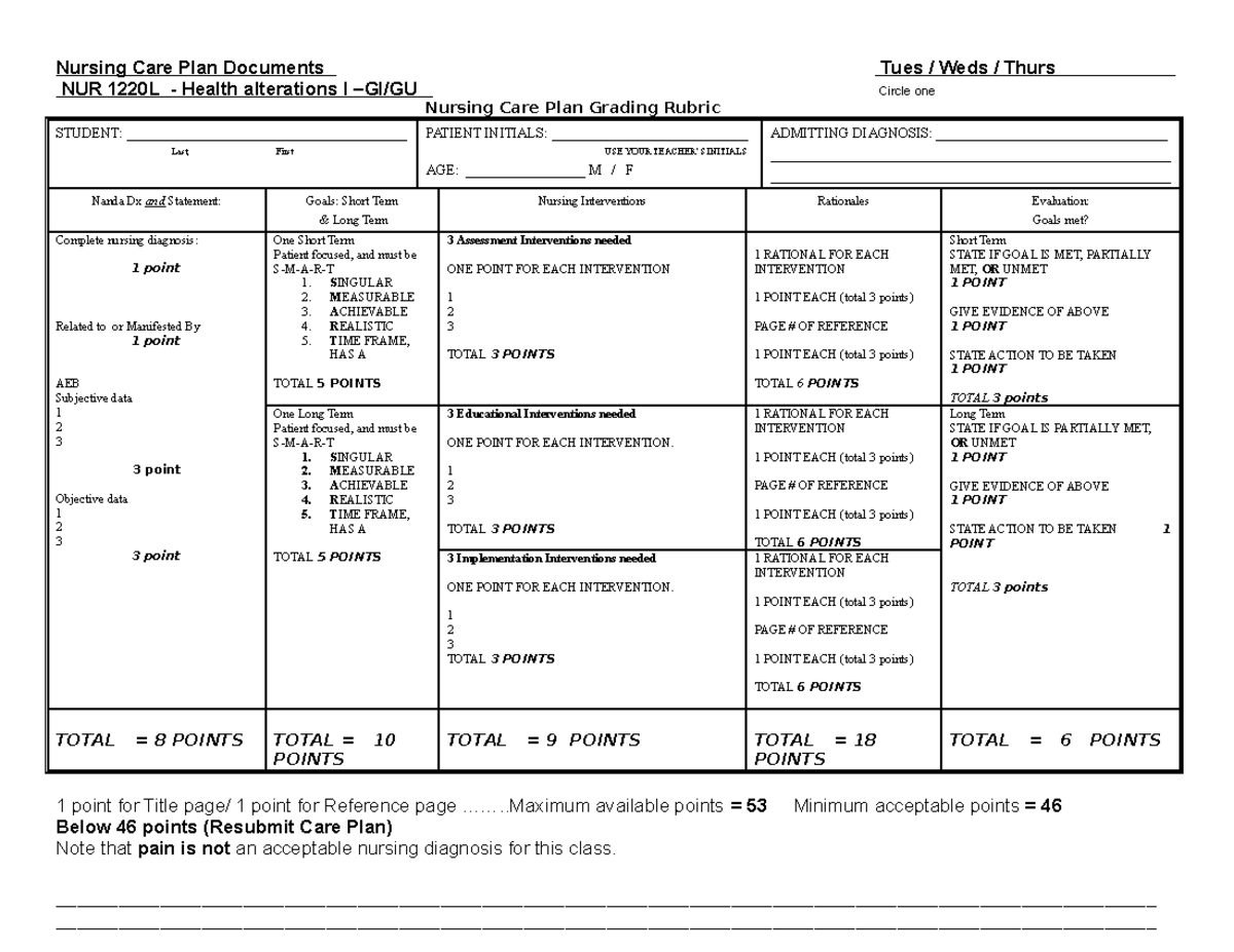 Nursing Care Plan Rubric - Nursing Care Plan Documents Tues / Weds ...