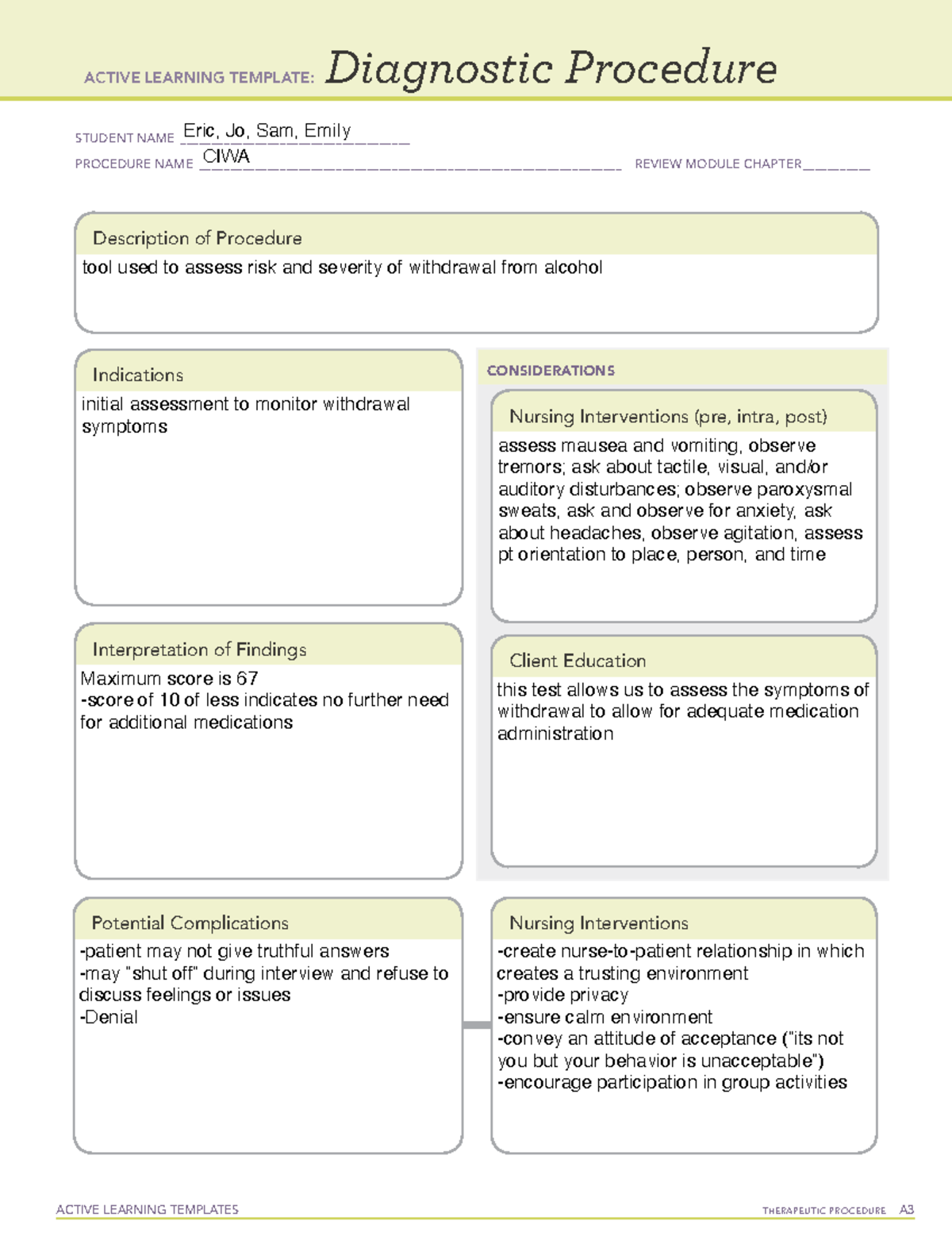 CIWA Scale - mdc 2 - ACTIVE LEARNING TEMPLATES THERAPEUTIC PROCEDURE A ...