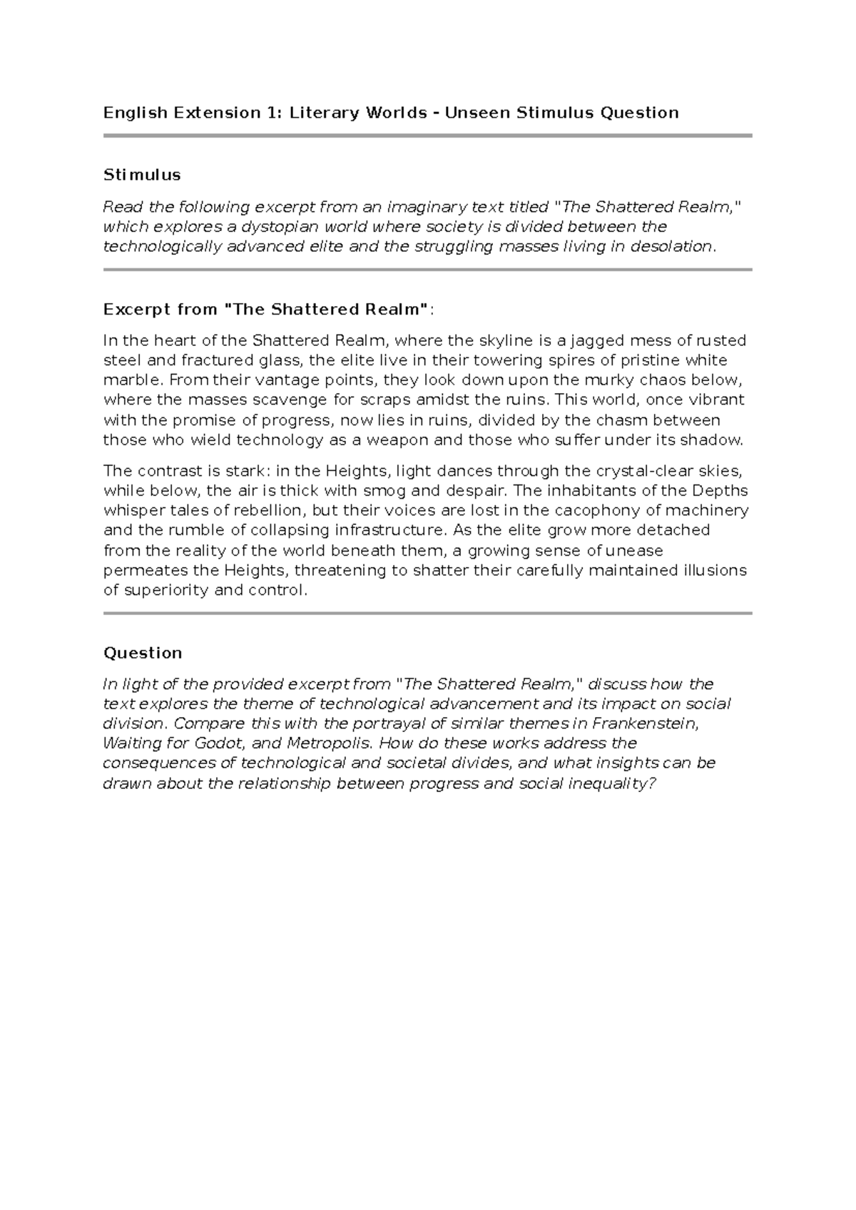 Example exam - notes on exam - English Extension 1: Literary Worlds ...