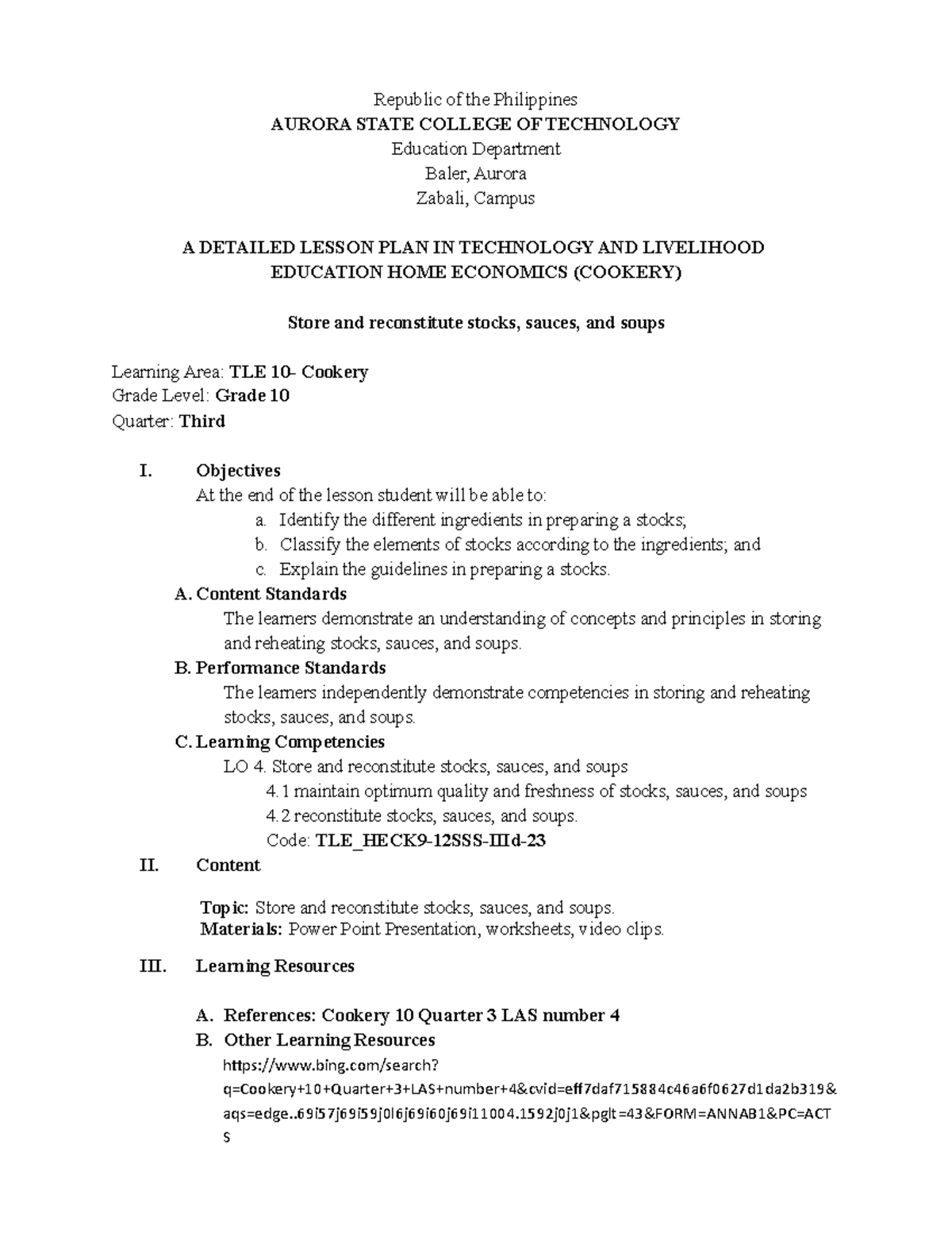 Lesson Plan TLE 10 week 4 1 - Republic of the Philippines AURORA STATE ...