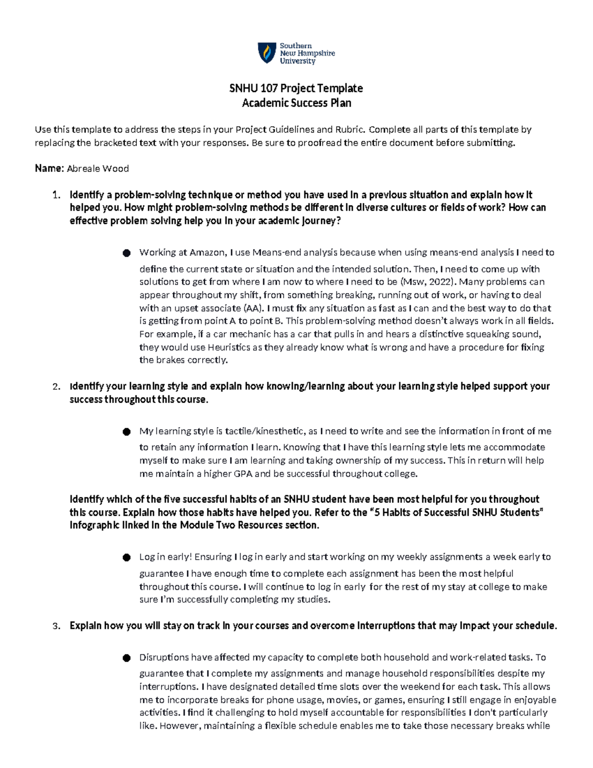 SNHU 107 Project - SNHU 107 Project Template Academic Success Plan Use ...